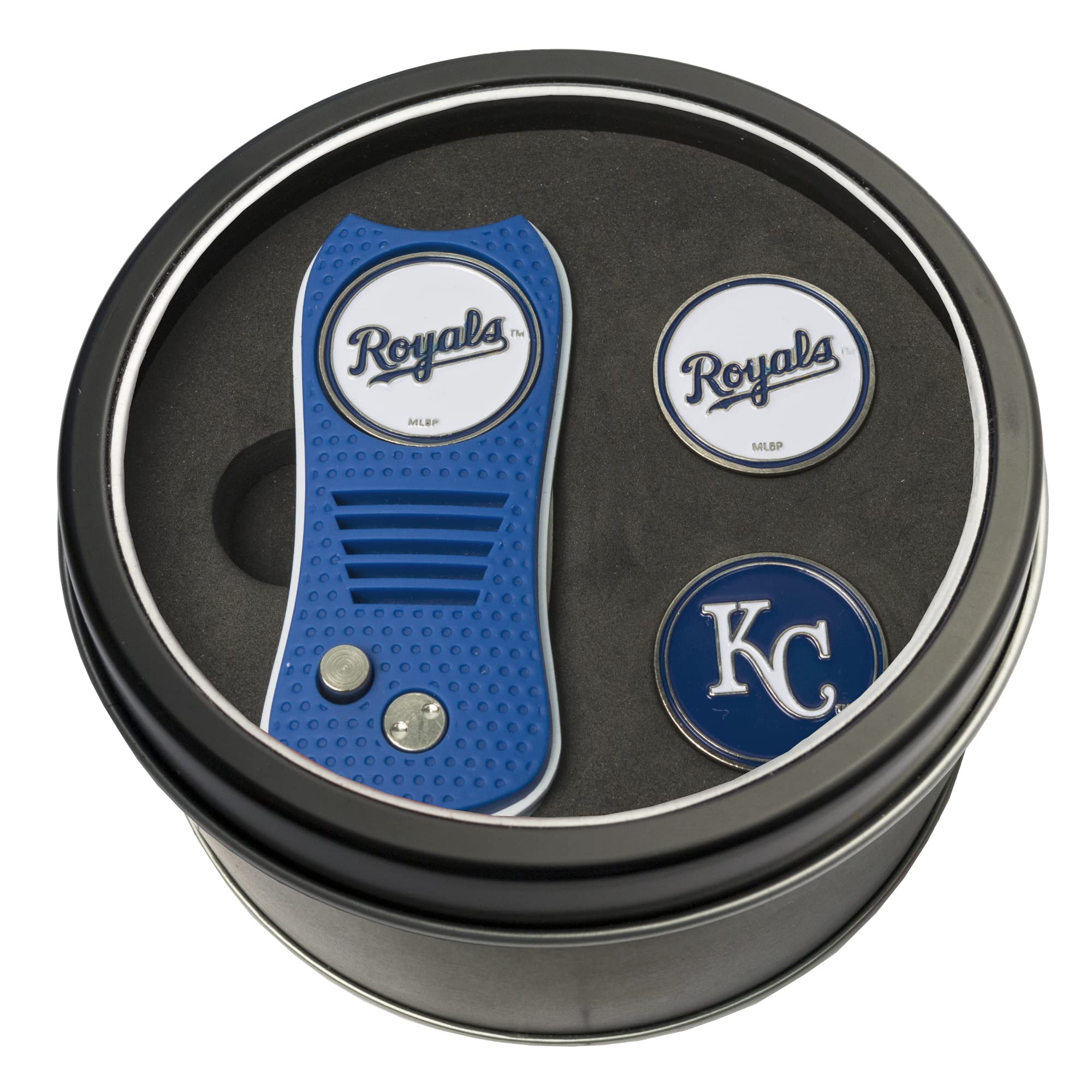 Team Golf MLB Kansas City Royals Tin Gift Set with Retractable Divot Tool and 2 Ball Markers Gift Set with 3 Magnetic Ball Markers, Patented Single Prong Design, Causes Less Damage to Greens
