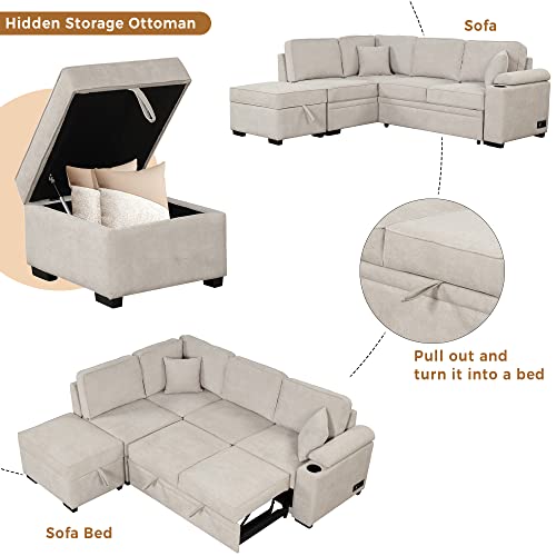 Verfur 87.4" Reversible Sleeper Sofa Bed, 2 in 1 Convertible Pull Out Sofabed with Cupholder, L Shaped Corner Couch with Storage Ottoman for Living Room,Bedroom and Small Apartment
