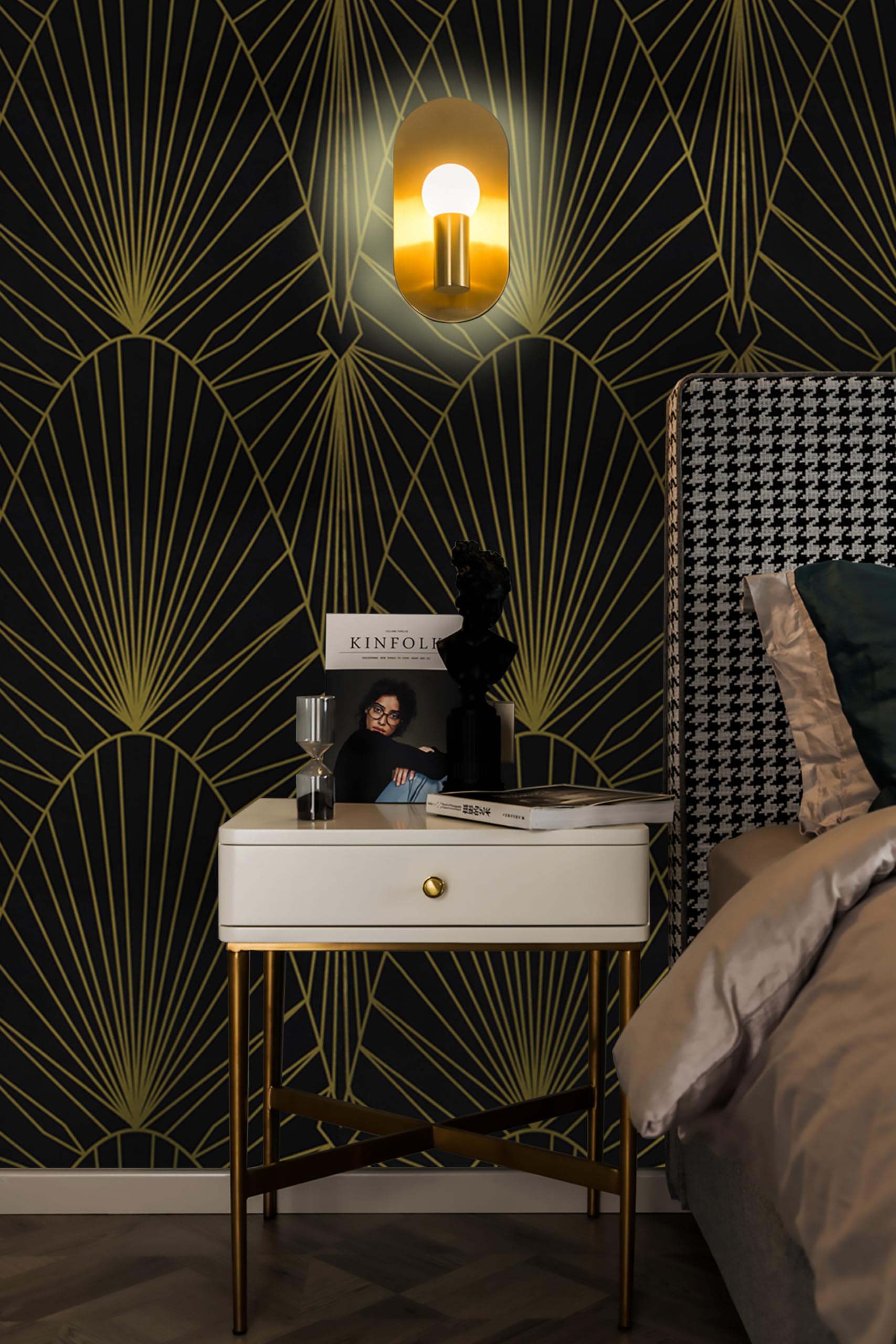 Yasinet Peel and Stick Wallpaper Black and Gold Wallpaper for Bathroom Removable Black Contact Paper Black Geometric Self Adhesive Wallpaper Decorative for Wall Cabinet 17.3”x118.7”