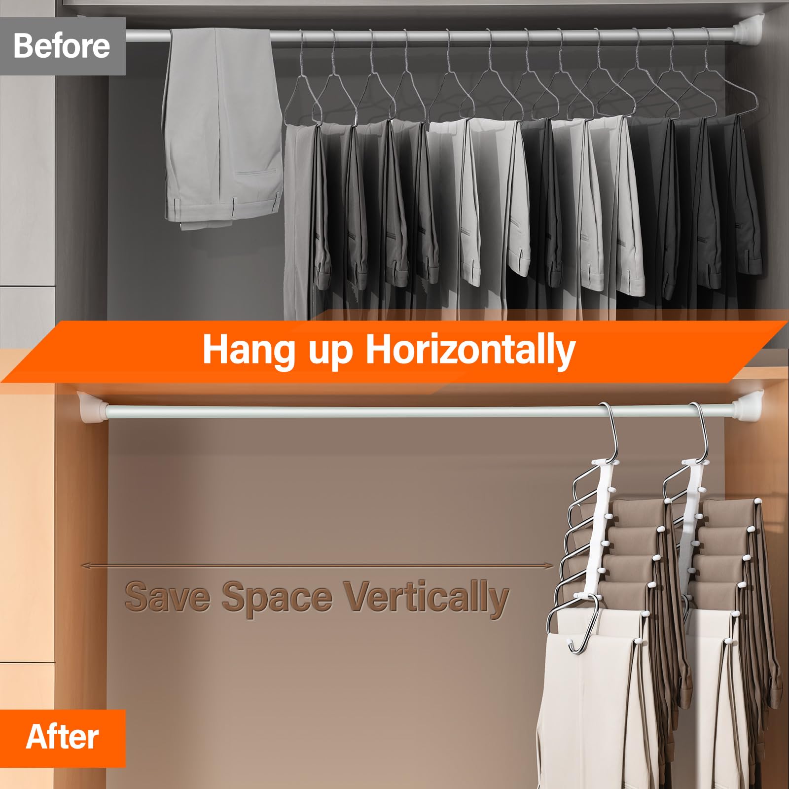 Upgraded Collapsible Pants Hangers Space Saving, 6 Layers Clothes Rack, Stainless Steel Multifunctional Closet Organizer, Non Slip Metal Hangers for Pants Jeans Skirts Trousers (2 Pack)
