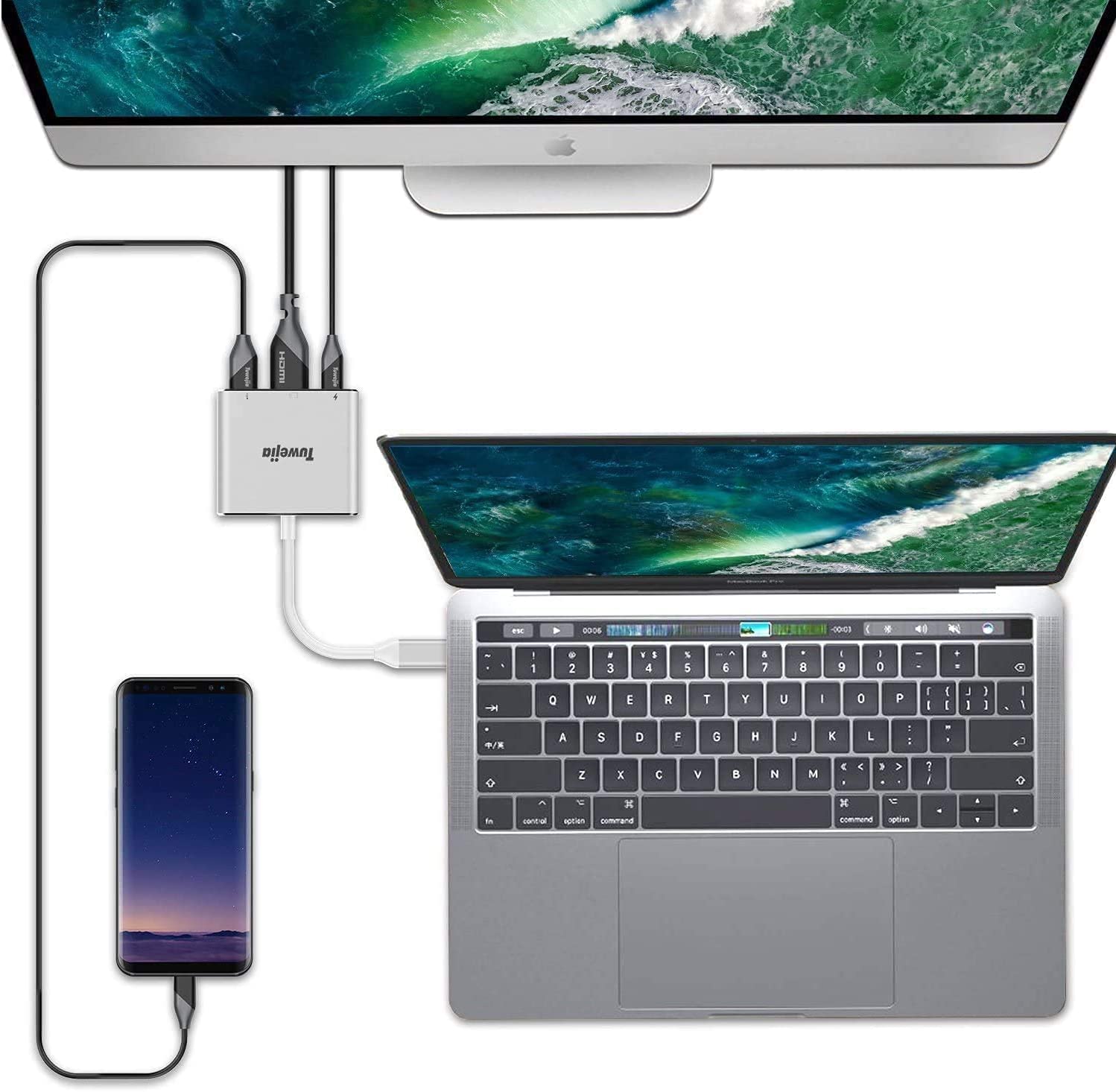 Tuwejia USB C to HDMI Multiport Adapter USB 3.1 Gen 1 Thumderbolt 3 to HDMI 4K Video Converter/USB 3.0 Hub PD Quick Charging Port with Large Projection