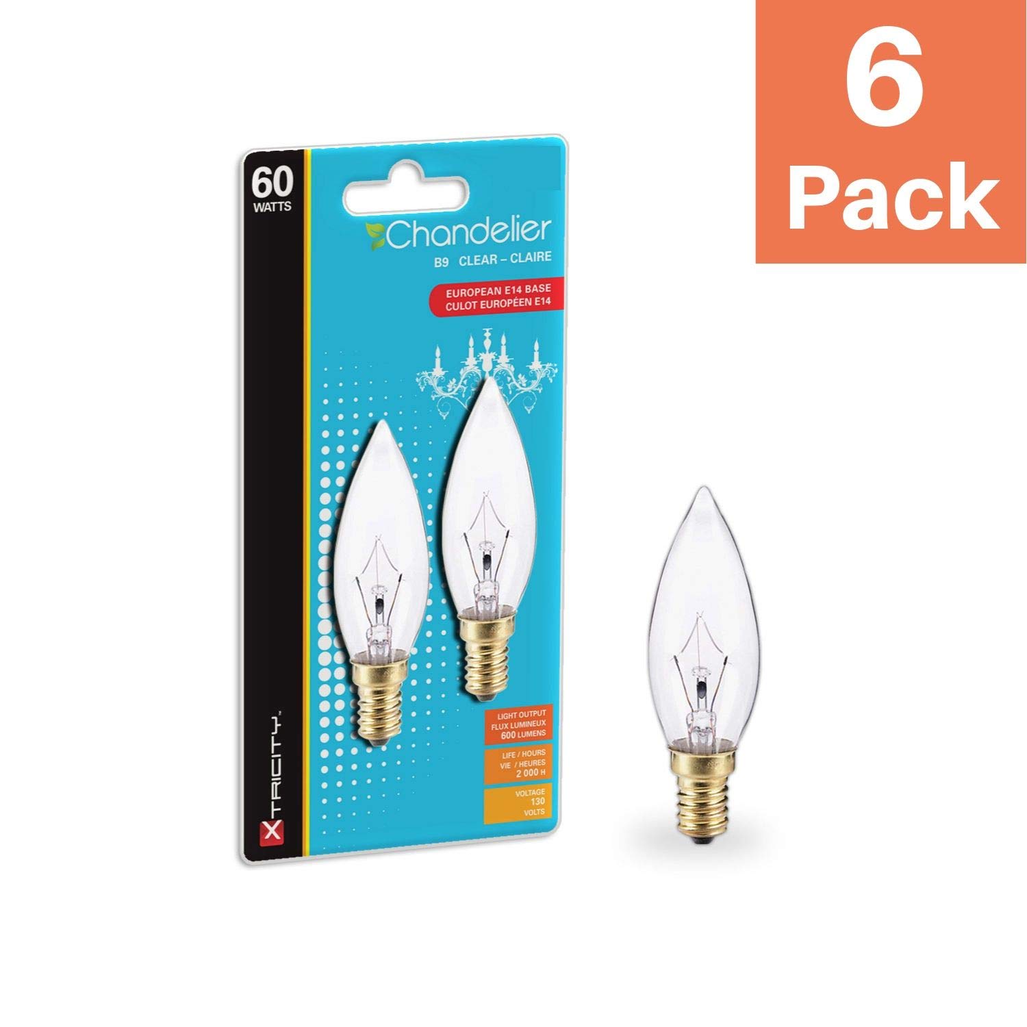 Xtricity 60W B9 Incandescent Clear Chandelier Light Bulb, Torpedo Tip, E14 European Base, 600 Lumens, Dimmable, 130V, (6 Pack)