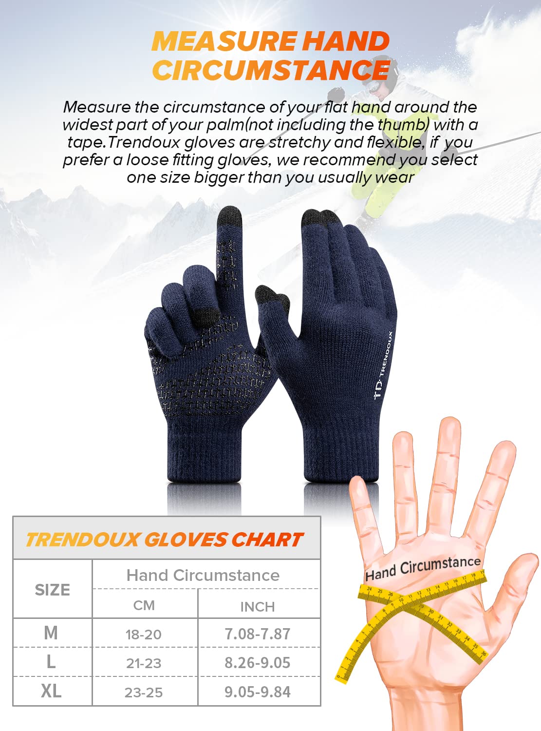 TRENDOUX Touchscreen Gloves, Winter Gloves for Men Women Unisex - Texting Riding Running Computer Non-slip Grip Elastic Cuff Nap Lining Stretchy Material Cold Hand Typing - Navy - L