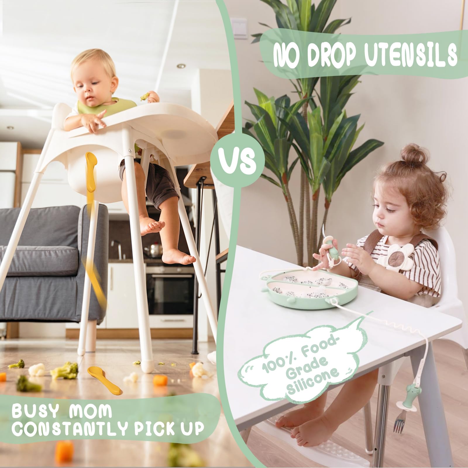 Upgraded Suction Plates for Baby, with Divided Stainless Steel Spoon and Fork Silicone Toy Straps EAZMOM All-in-one Plates Silicone Placemat for Babies Toddlers Self Feeding - Green