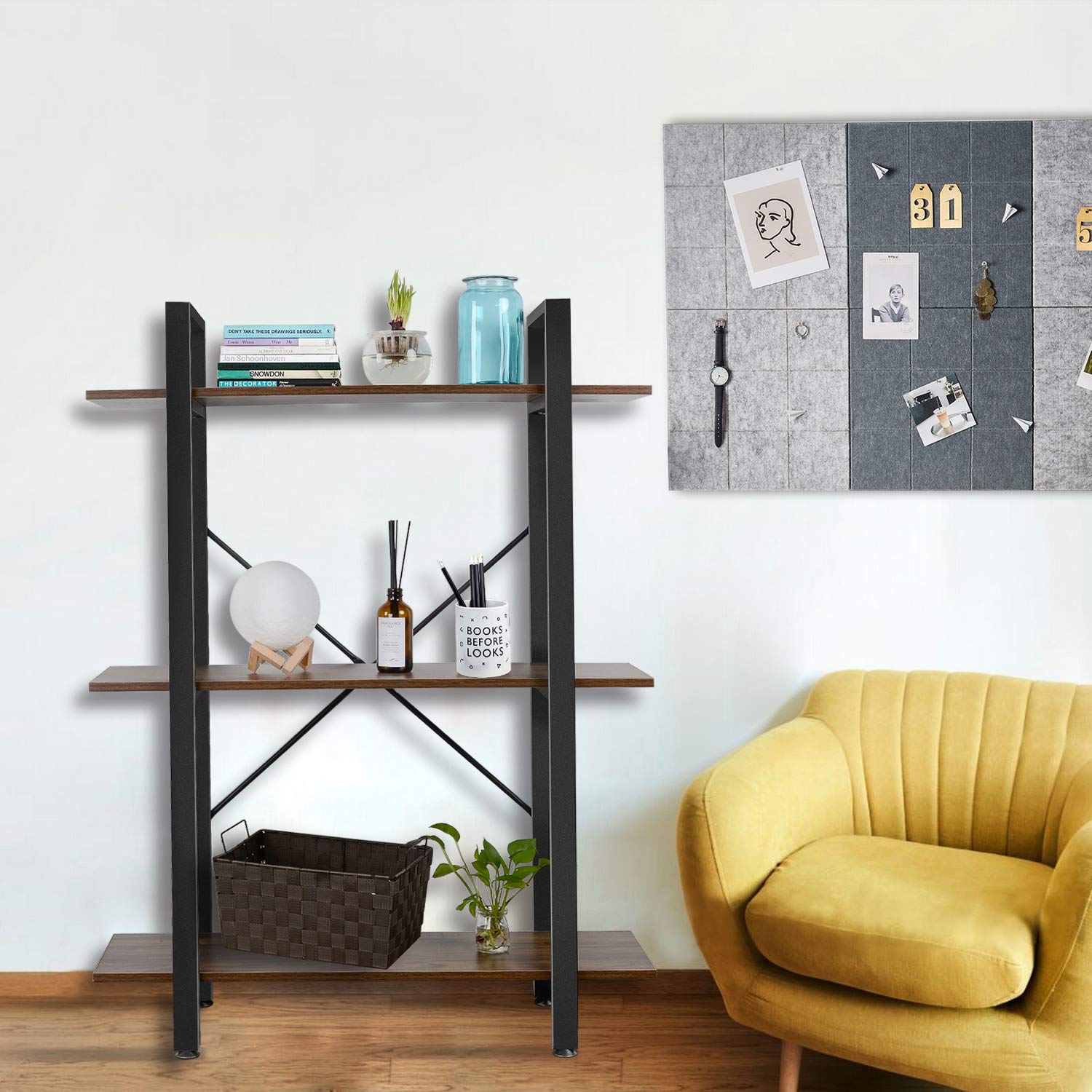 Yesker 3 Tier Bookshelf, Industrial Style Bookcase with Wood and Metal Frame, Open Storage Bookshelf for Home Office, Vintage Brown