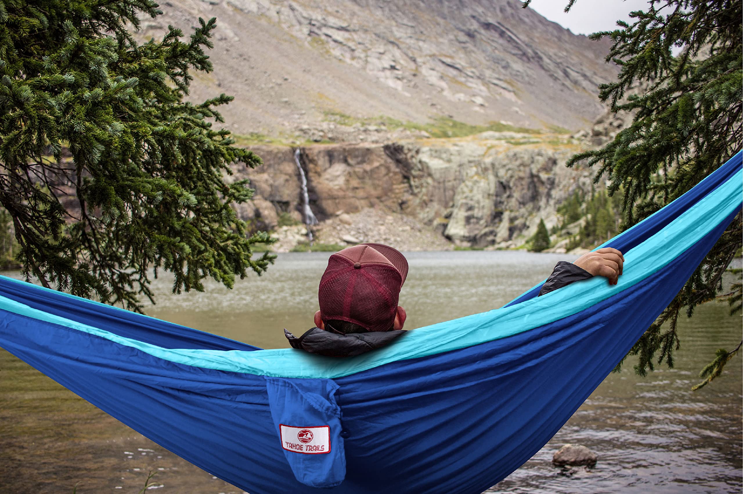 Tahoe Trails Double Camping Hammock for 2 People with Tree Straps, Lightweight Portable Nylon Parachute Hammock for Hiking, Traveling, Backpacking and Backyard, Blue & Sky Blue