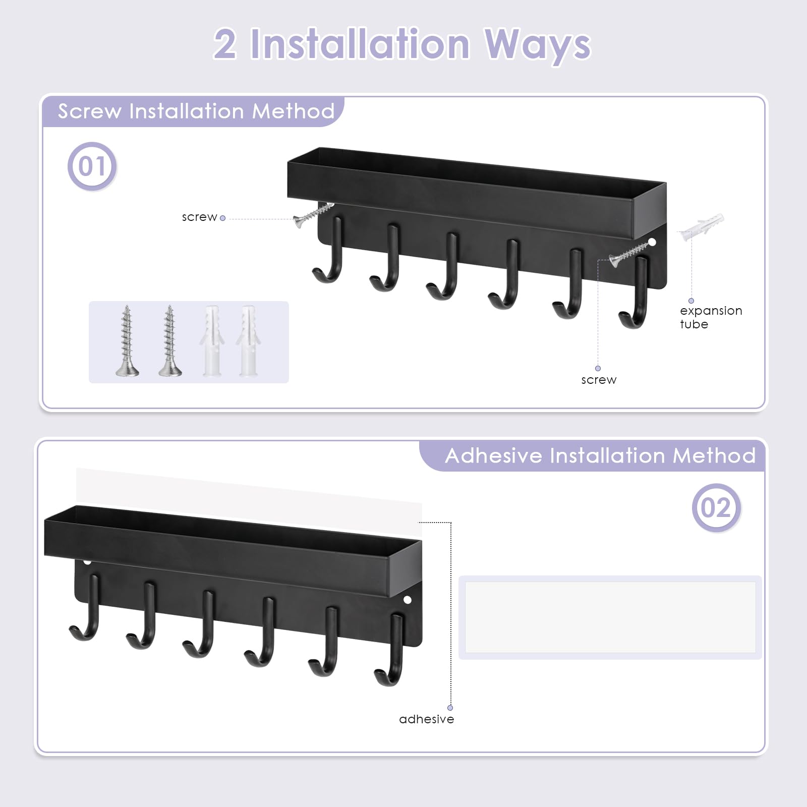 VIS'V Key Holder Wall Mount, Matte Black Stainless Steel Key Mail Holder Small Key Rack with Tray Adhesive Key Hanger Mail Storge Organizer with 6 Key Hooks for Entryway Hallway Doorway