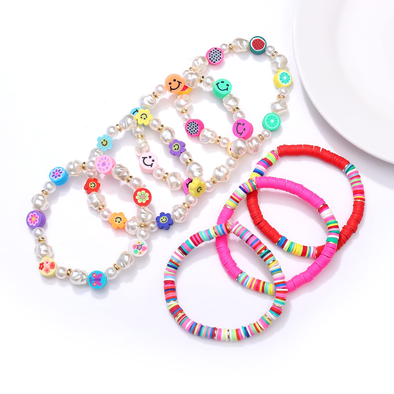XOCARTIGE Beaded Stretch Bracelets for Women Colorful Clay Fruit Happy Face Bead Bracelet Rainbow Heishi Bracelet Set Stackable Pearl Y2K Bracelets Summer Beach Accessory (7PCS Happy Face Bracelet)