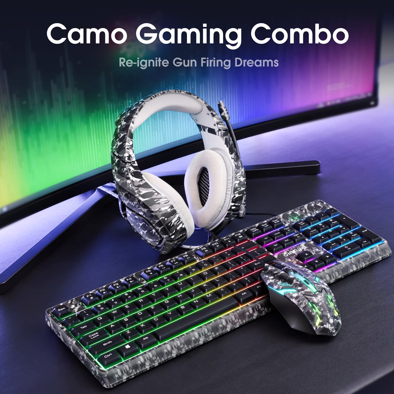Zhhcyyds K1B Gaming Keyboard and Mouse and Headset Combo, Wired PC Gaming Accessories for PC Setup, Ergonomic Computer Mechanical Keyboard Llight Up Gaming Gifts Set (Camouflage grey)