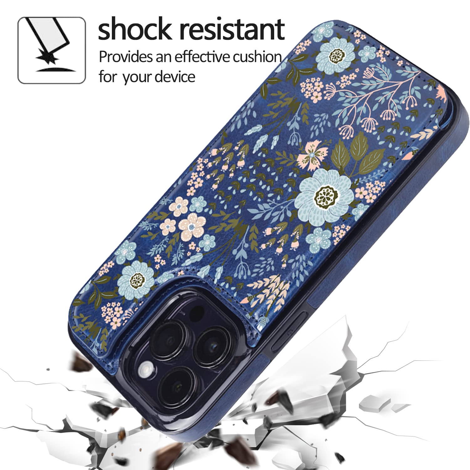 uCOLOR Compatible with iPhone 15 Pro Max 6.7" Wallet Case with Card Holder Slot Folio Flip Leather Kickstand Magnetic Clasp RFID Blocking Design Cover 15PM 6.7 Inch (Navy Blue Flowers)