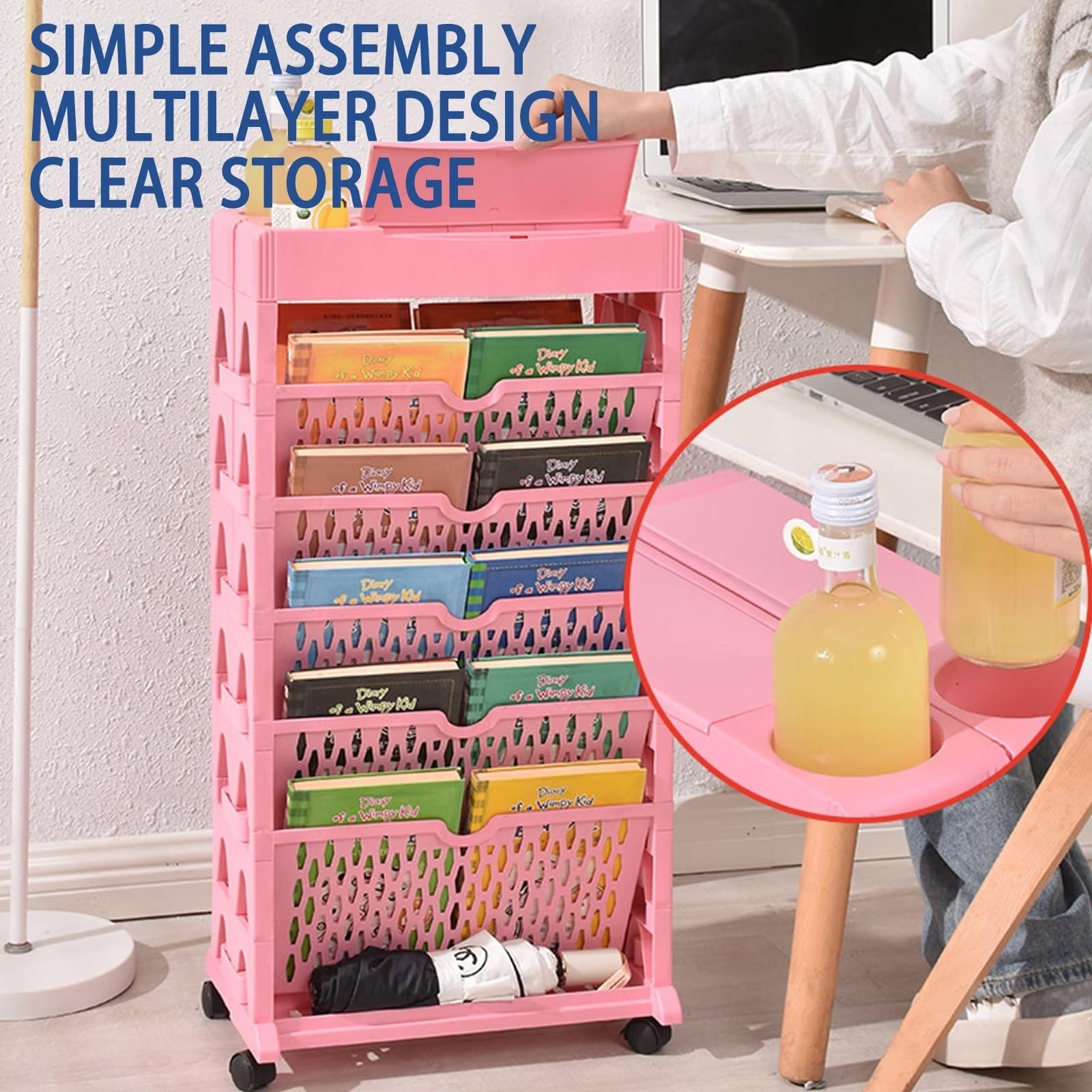YAYLAIP Rolling Bookshelf Cart,6-Tier Large Capacity,on Wheels Moveable Office Desk File Bookshelf Organizer,with Wheel Multilayer Rotatable,Mobile Portable Removable Plastic Practical Rollingļ¼Pink