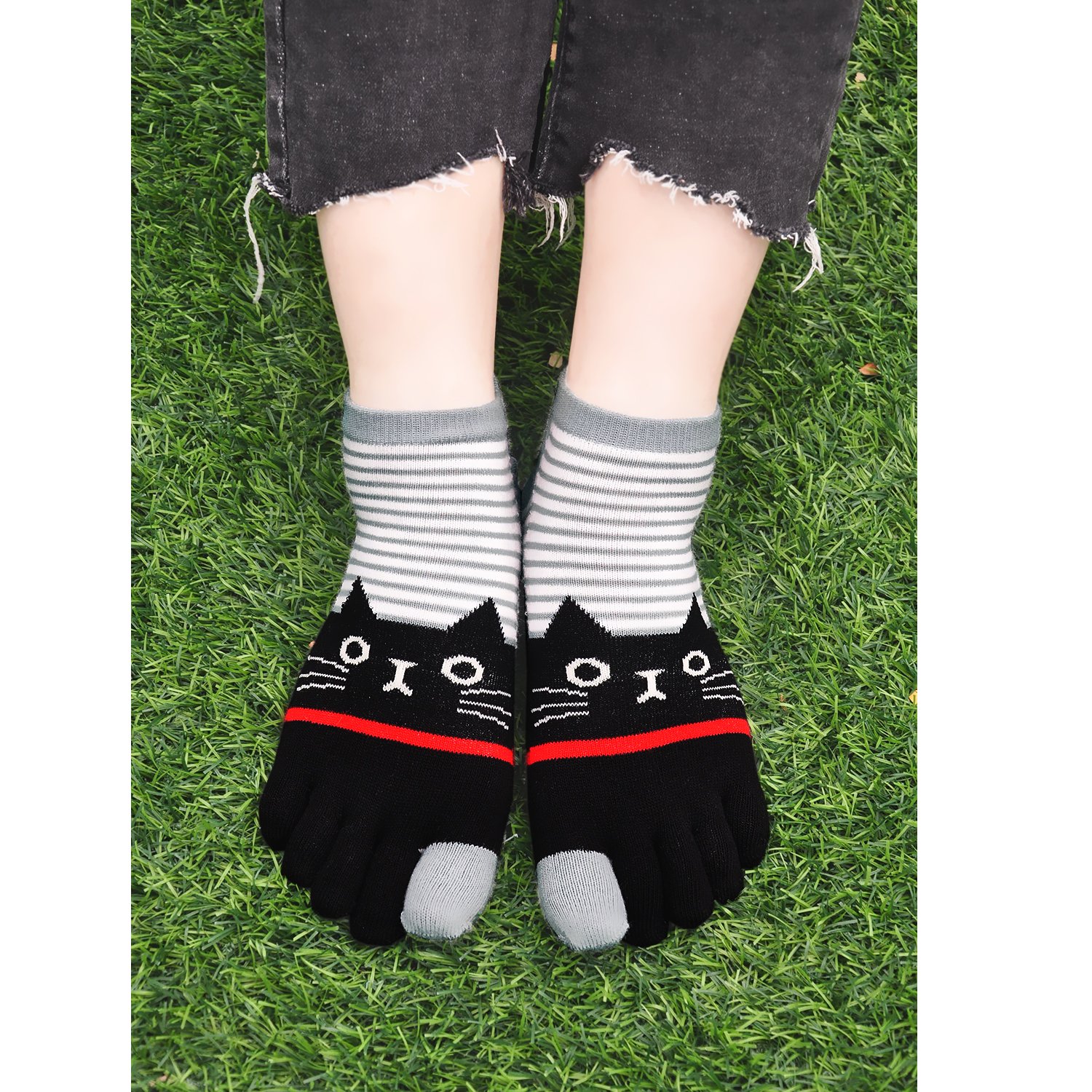 ZAKASA Womens Funny Toe Sock Cotton Five Finger Running Ankle Novelty Socks (Animal cat, US shoe 6-9)