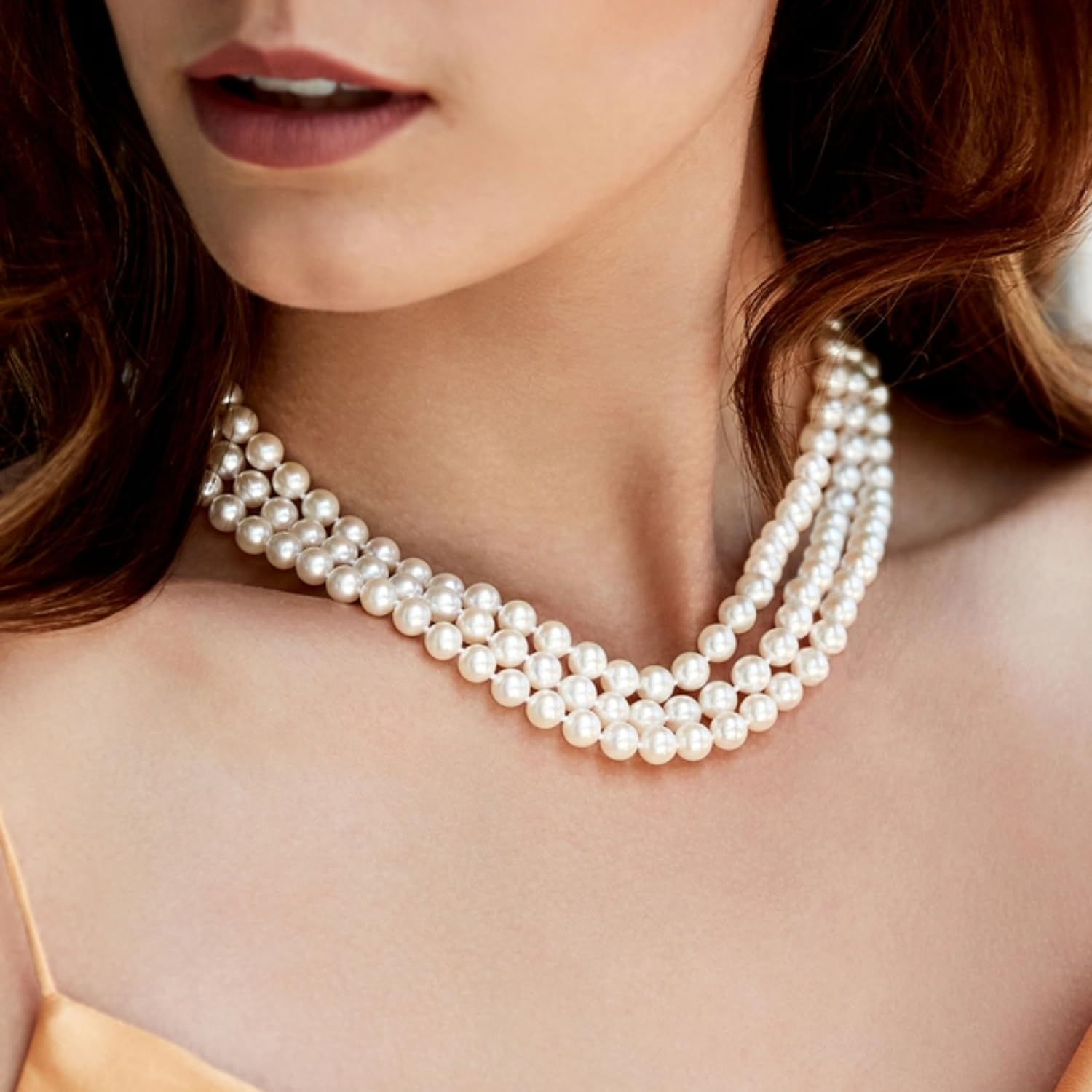 The Pearl Source Sterling Silver 7-8mm AAAA Quality Triple Strand White Freshwater Cultured Pearl Necklace for Women in 16-17-18" Princess Length