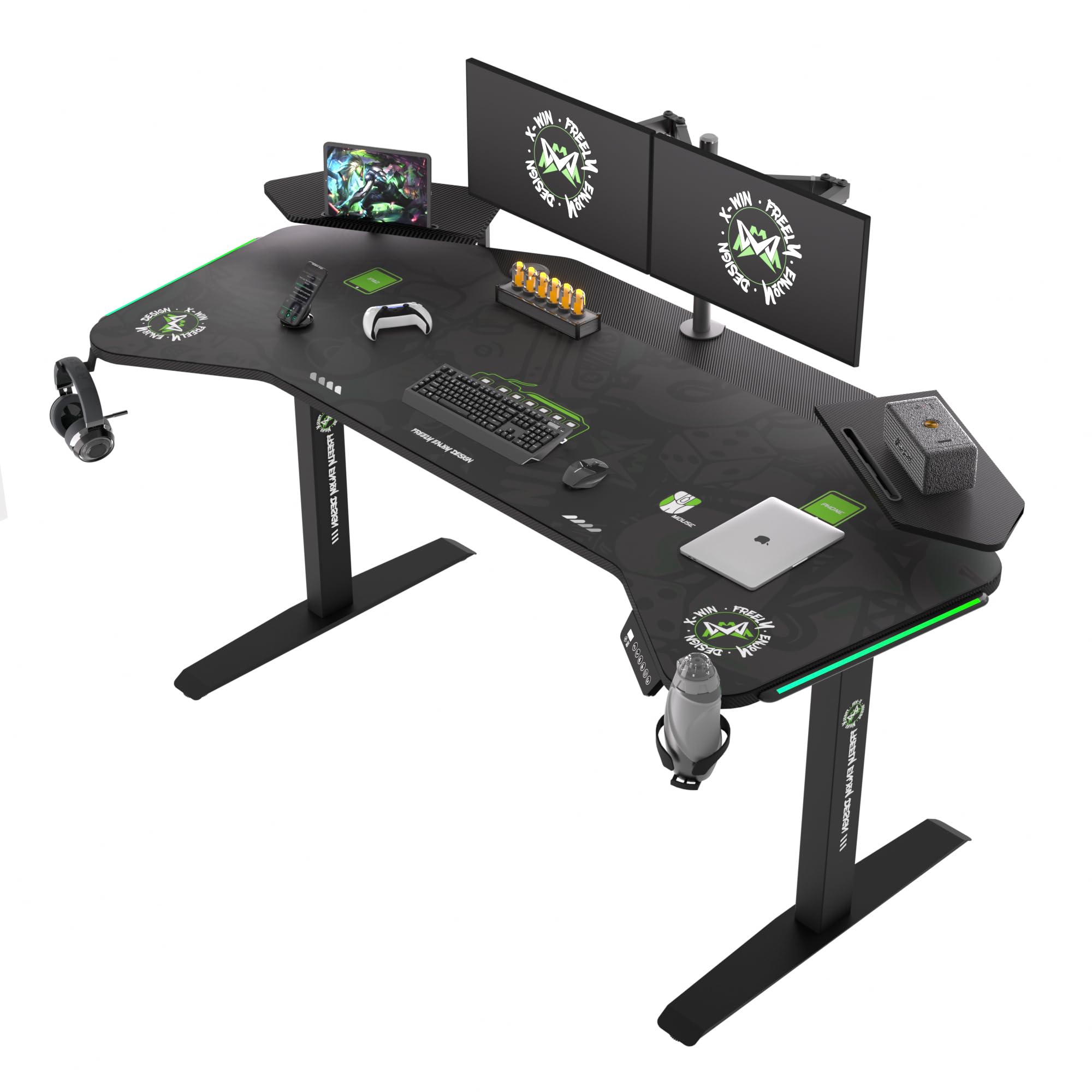X-WIN 63" Standing Gaming Desk, Wing-Shaped Computer Desk with Full Coverage Mouse Pad, Electric Height Adjustable Standing Desk with RGB LED Lights and Slot Design Shelves for Home Office