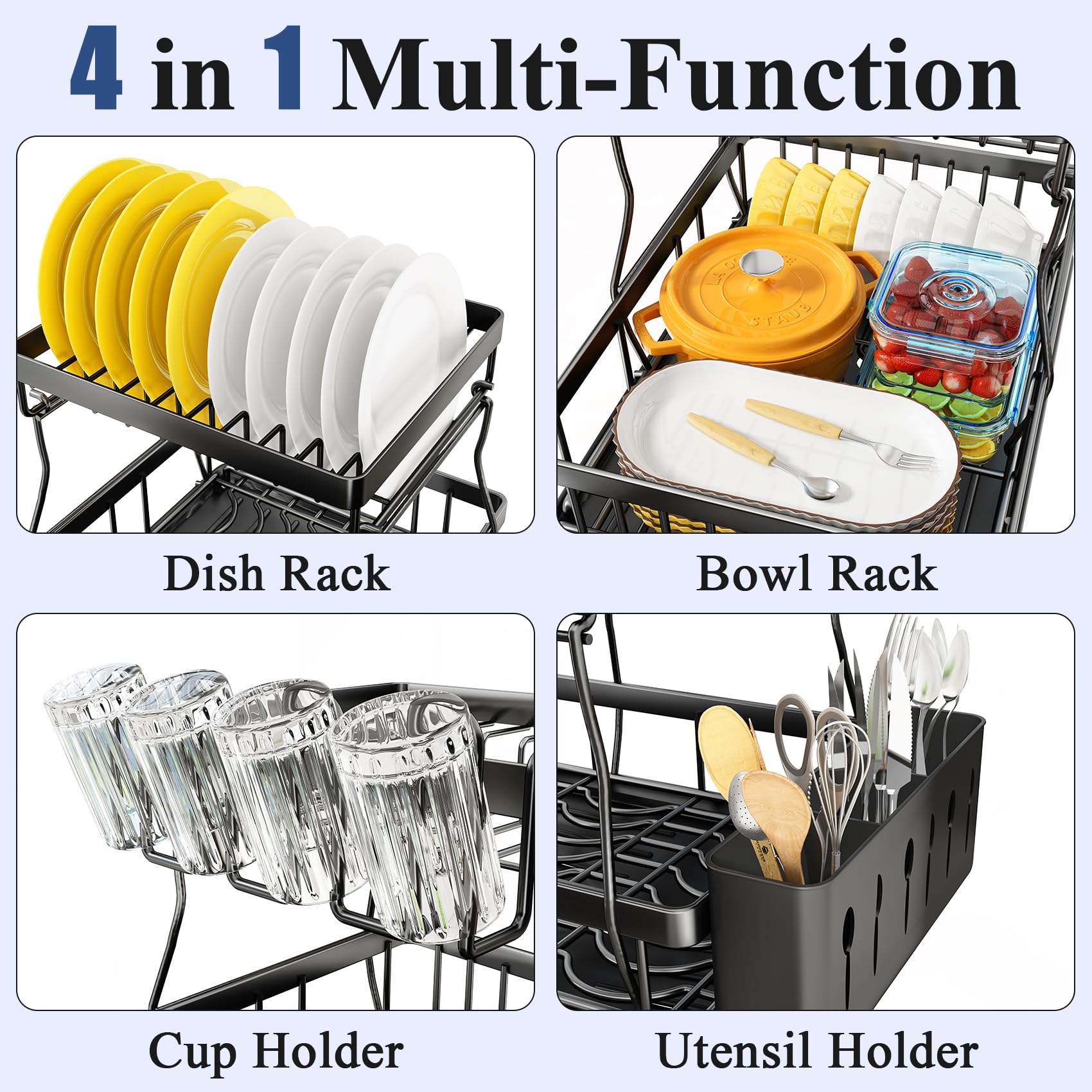 SNTD Dish Drying Rack for Kitchen Counter - Large Dish Rack with Drainboard, Rustproof Dish Drainer with Utensil Holder for Sink, Black