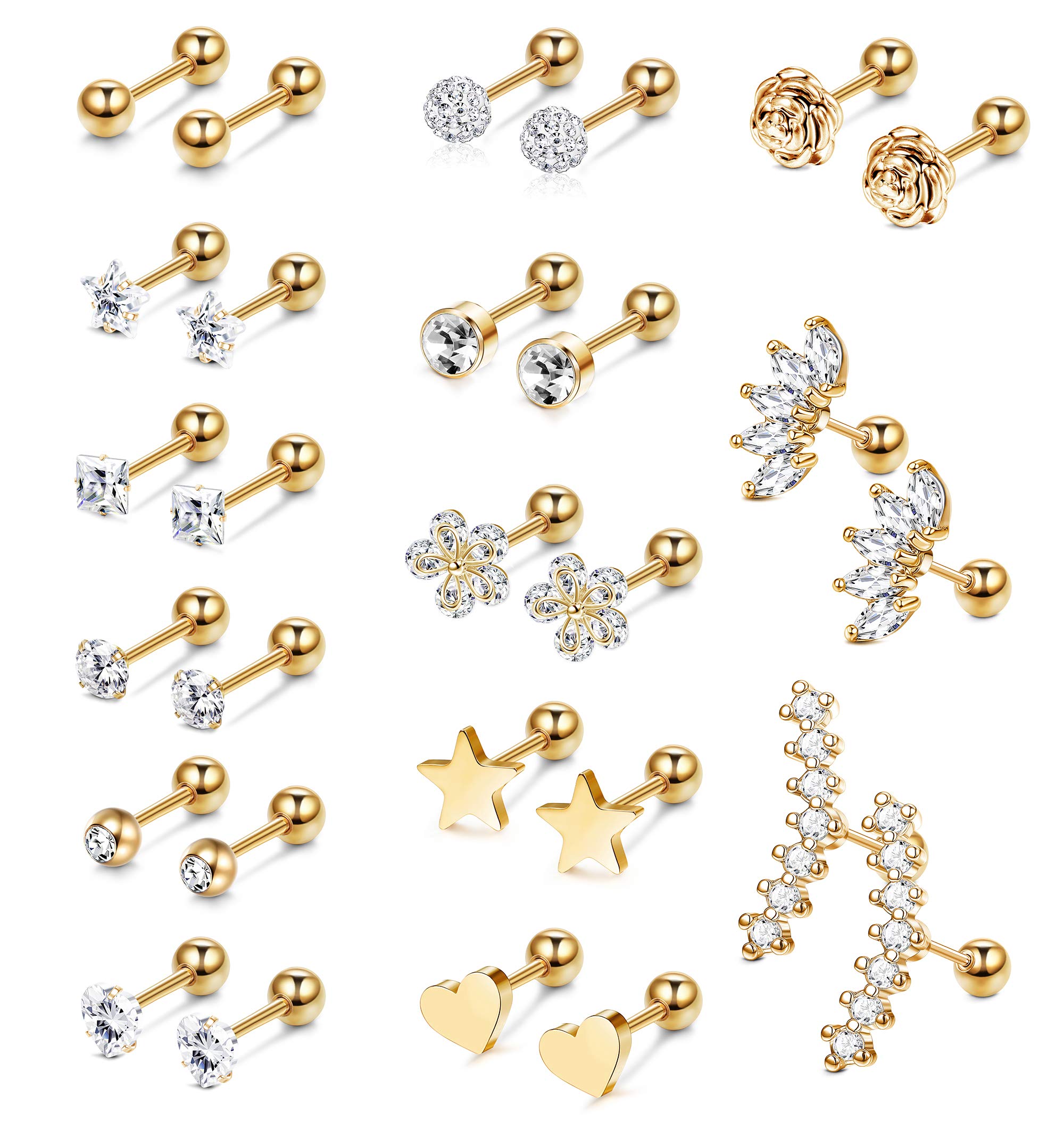 YADOCA Surgical Steel Cartilage Earrings for Women Men Cartilage Piercing Jewelry Stainless Steel Tragus Earrings Gold Cartilage Earring Sets for Multiple Piercing Conch Helix Tragus Piercing Jewelry