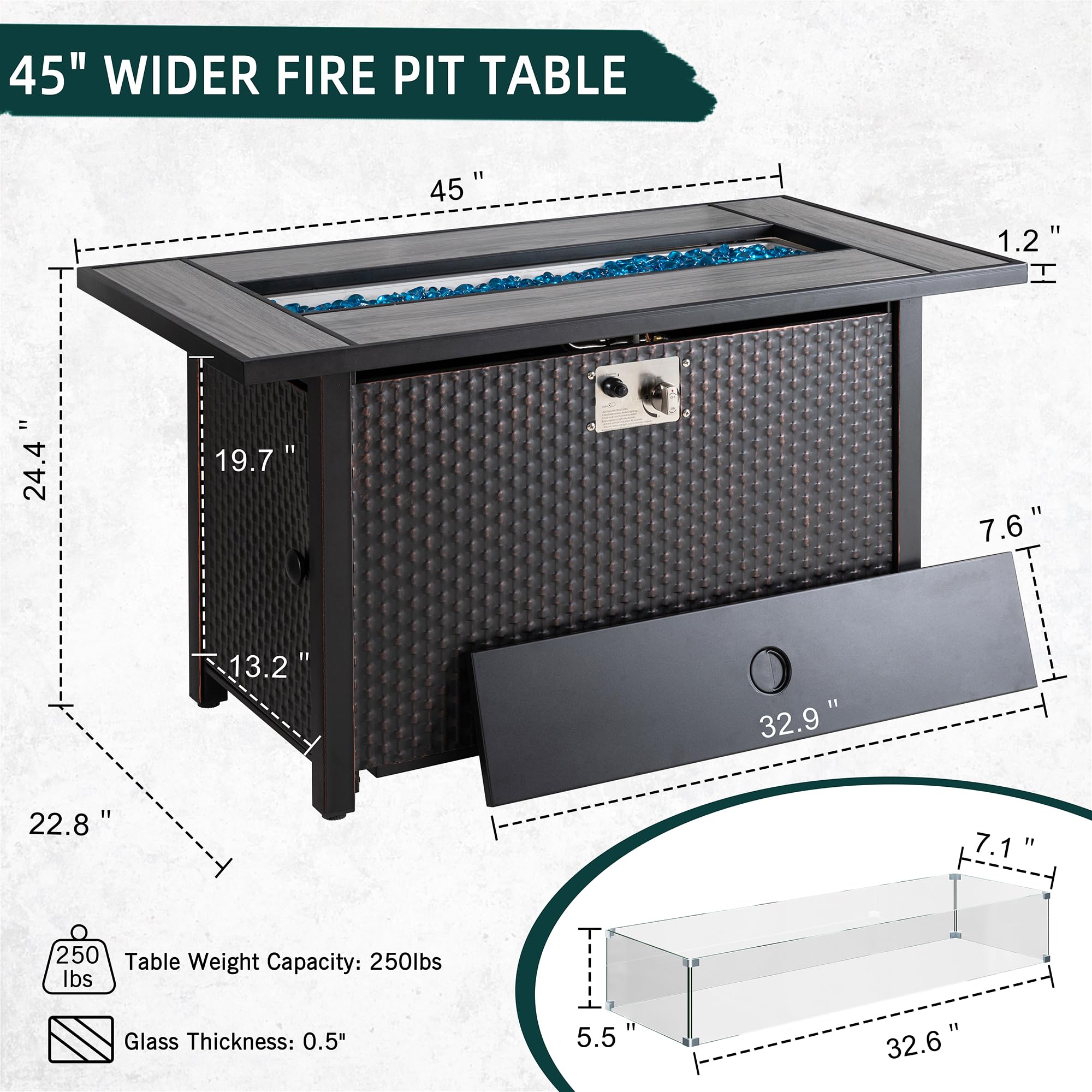 SUNLEI 45" Propane Fire Pit, Outdoor Fire Pit Tables Rectangular Tabletop with Lid and Blue Fire Glass, 50000 BTU Glass Wind Guard and Tables for Outside Patio, BackyardâŚ