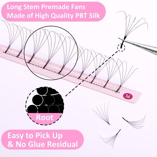 VEYES INC Lash Extension Supplies Premade Fans Eyelash Extensions Mixed Tray 8D 0.07 D curl 9-16mm Short Stem Volume Lashes Matte Black 320FANS