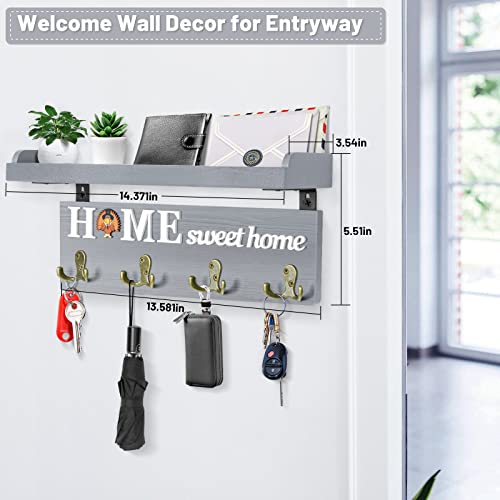 Toosci Key and Mail Holder for Wall, Mail Organizer and Key Holder with Tray, Wall Key Rack with 4 Dual Key Holder, Solid Wood Key Holder for Country Home Decor, for Entryway and Offices (Gray)
