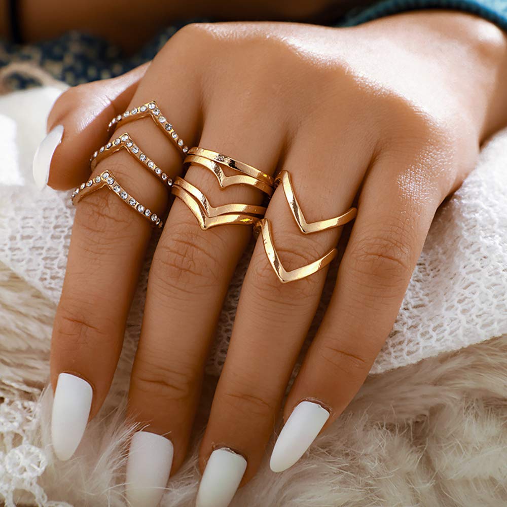ZZ ZINFANDEL 5-9 Pcs 18K Gold Stackable Knuckle Midi Finger Rings Set Crystal Pearl Rings Geometry Heart Hexagon Letter V Stackings Joint Ring Sets for Women Girls (5 pcs)