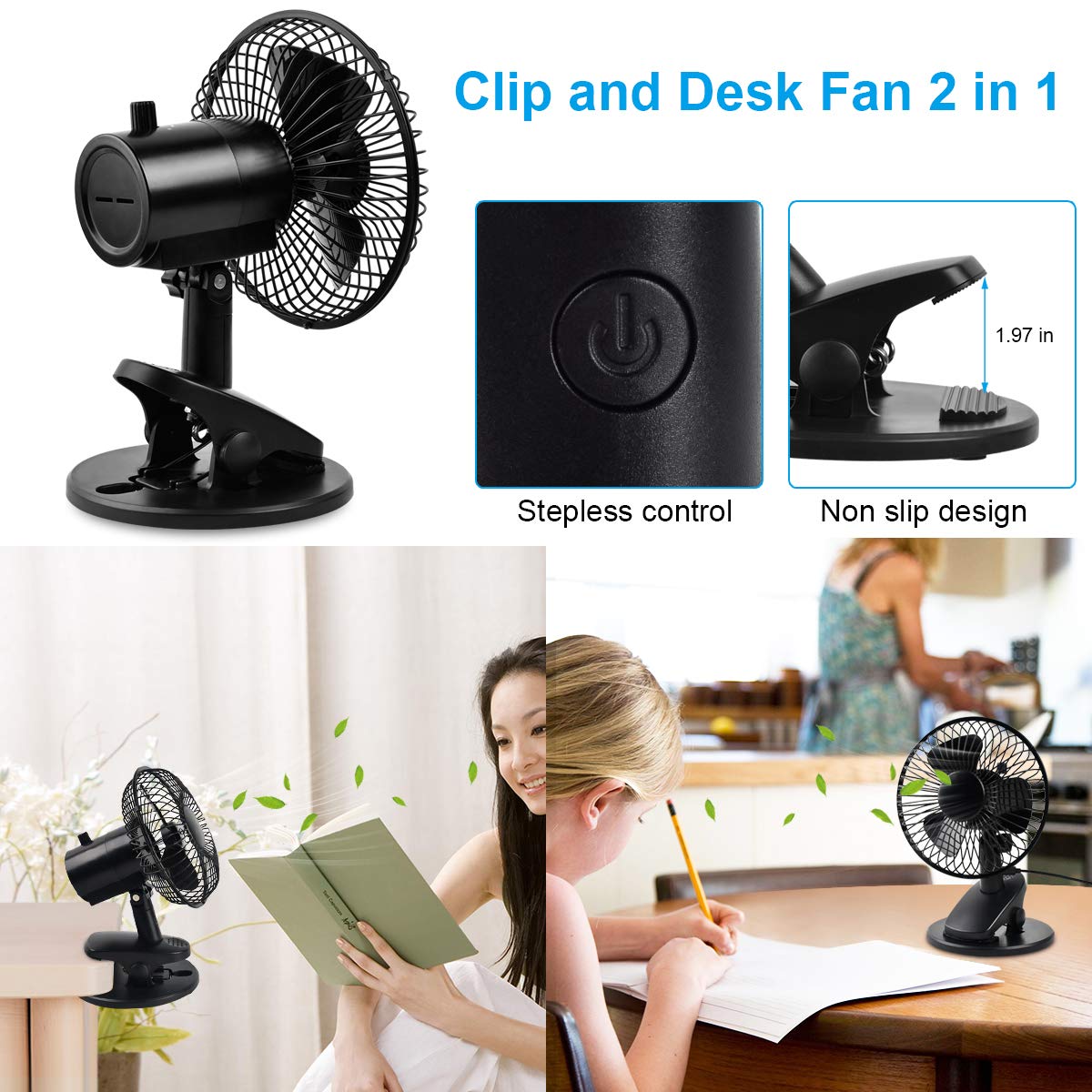YIHUNION Oscillating Clip On USB Desk Fan, 2 in 1 Personal USB Powered Fan Desktop Table Cooling Portable Fan with 3-Speeds for Office, Dorm, Libraries and Bedroom