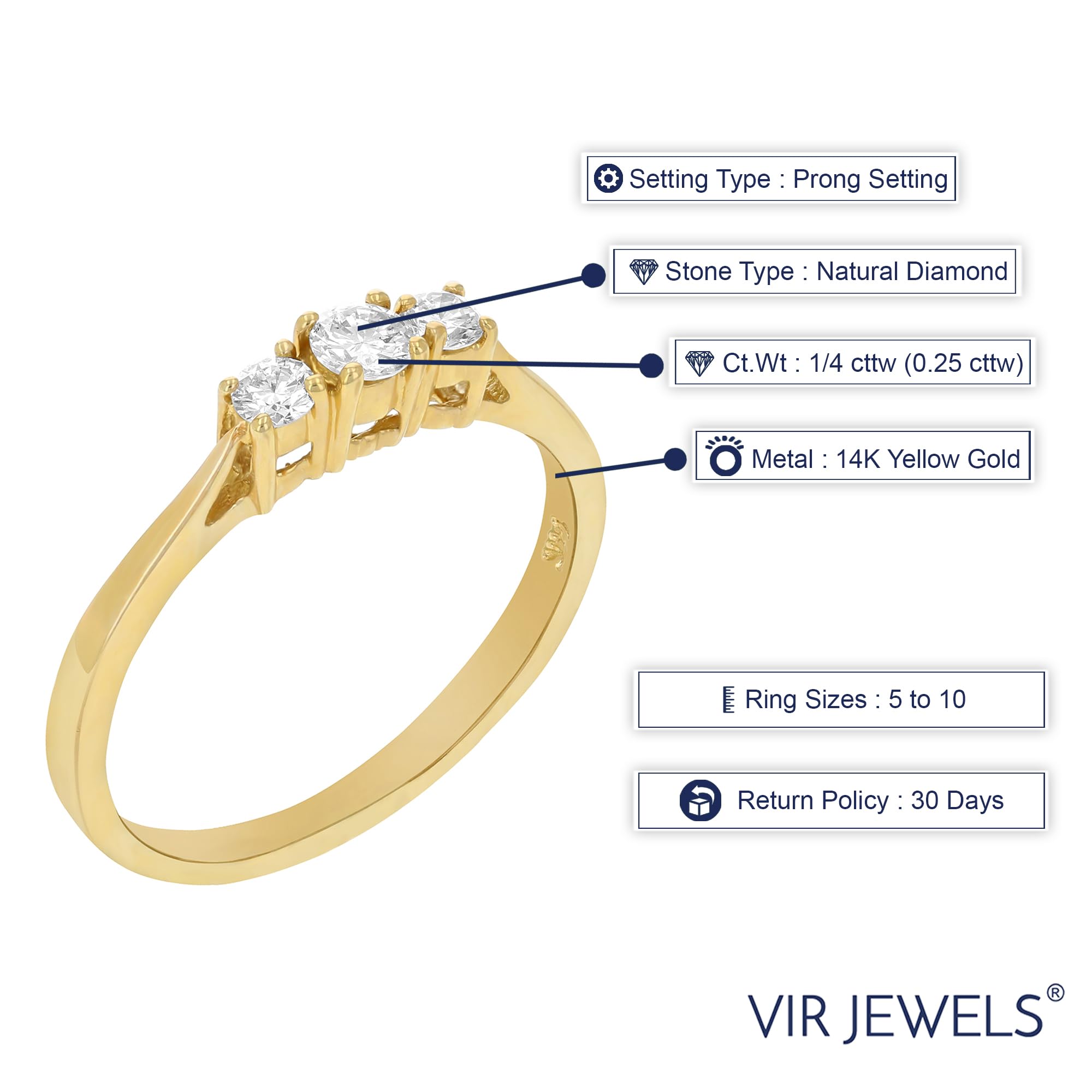 VIR JEWELS 1/4 cttw 3 Stone Diamond Engagement Ring 14K Yellow Gold Round Bridal Wedding Size 6