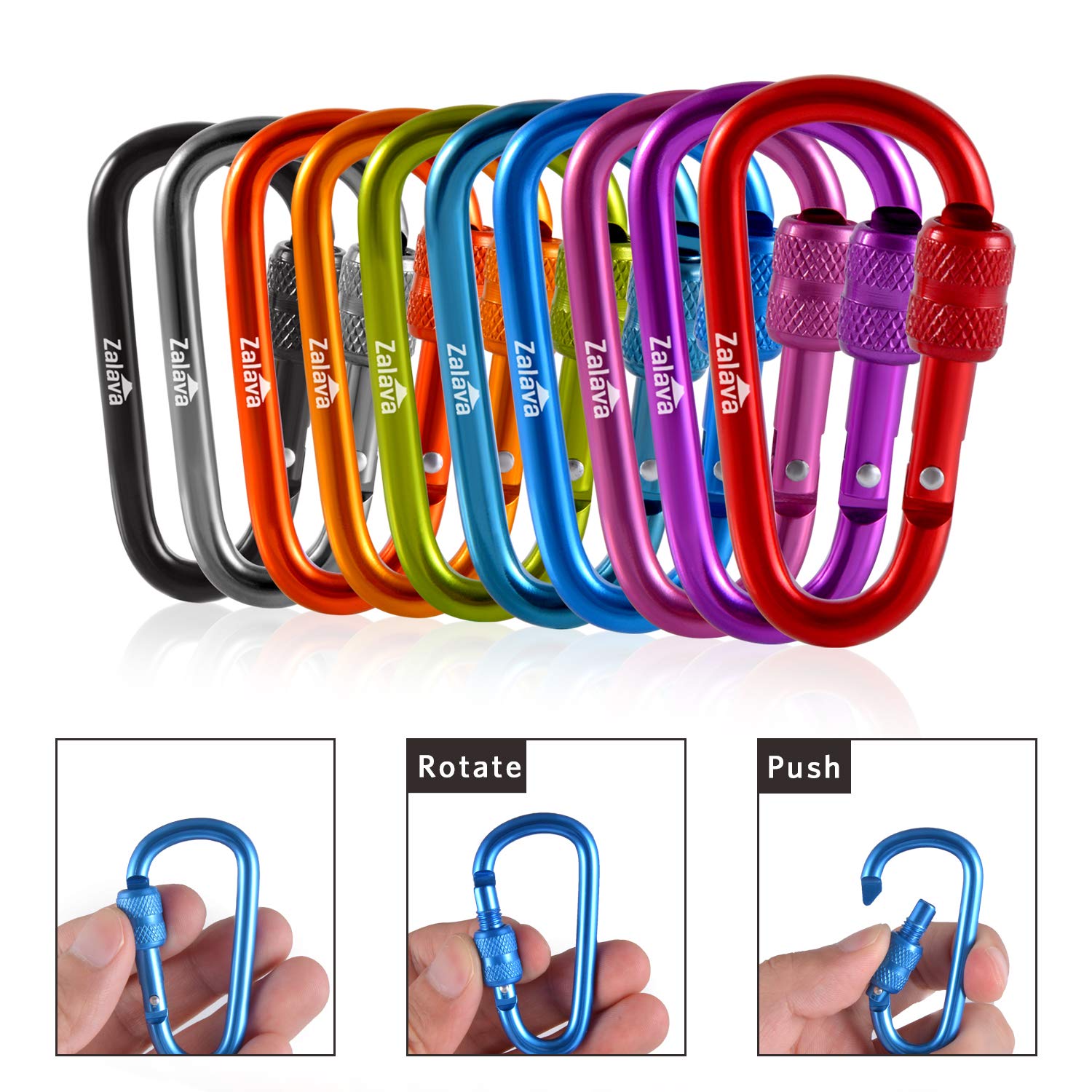 Zalava 2" 10 pcs D-Clip Durable Locking Carabiner Clips Keychain Clip, Spring-Loaded Aluminum Keychain Clip Hook, Screwgate Locking Carabiner Clip Outdoor, Indoor, or Dog Leash Round