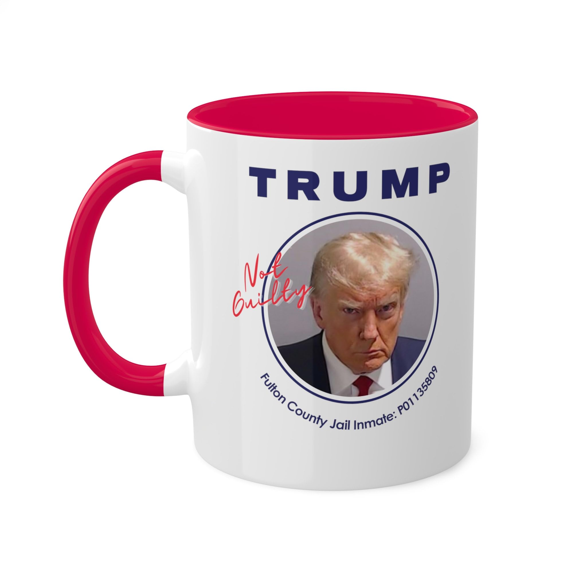 Two Sided 15oz Trump Mugshot Mug - Trump Not Guilty Inmate No. P01135809 Ceramic Coffee Mug - Gift for Any Trump-Loving Conservative (Blue)