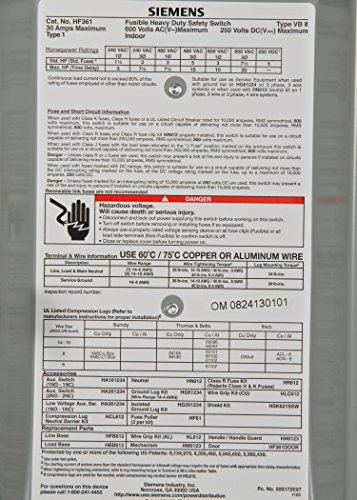 Siemens HF361 30-Amp 3 Pole 600-volt 3 Wire Fused Heavy Duty Safety Switches