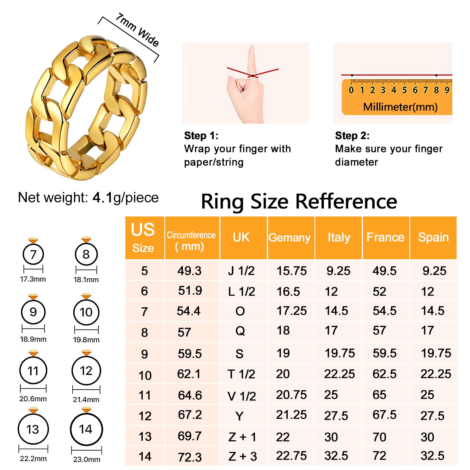 U7 Men Women 18K Gold Plated 7mm Wide Band Cuban Link Chain Ring, Size 7