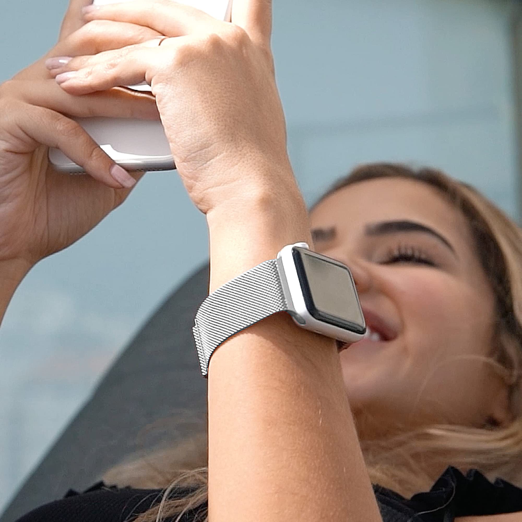 TALK WORKS Expandable Watch Band Compatible with Apple Watch Series - 42mm / 44mm / 45mm - Magnetic Closure - Stainless Steel Mesh Loop Comfort Fit Strap for Women and Men - Silver