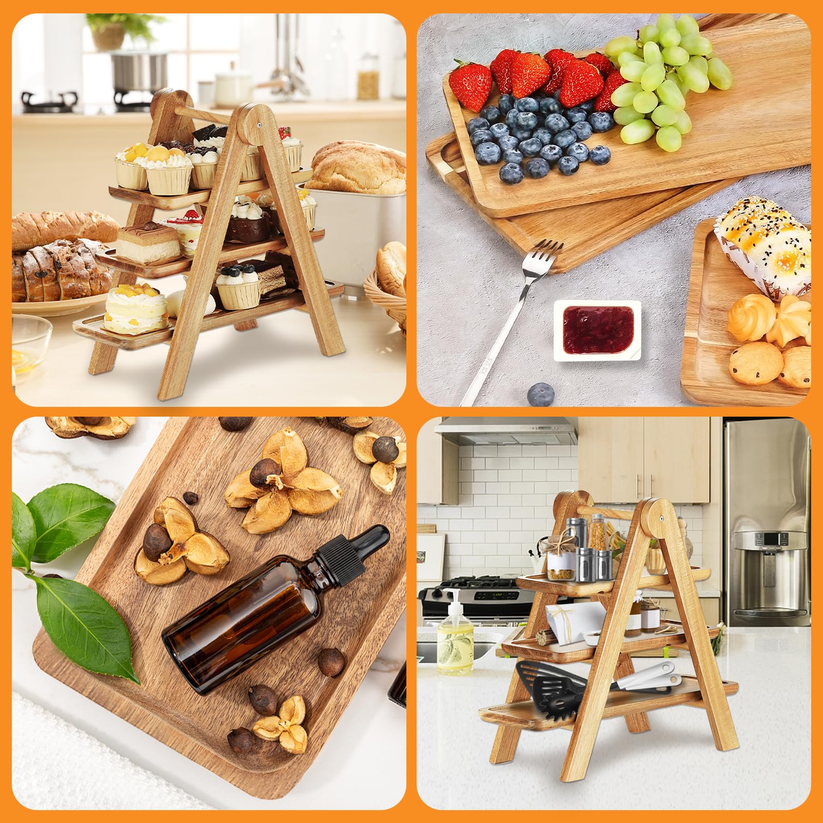 Zyviv Wooden 3 Tier Serving Tray, Solid Acacia Wood Serving Trays(max 14 x 5.5 in or Home Decor, Food, Vegetables, Fruit, Charcuterie, Appetizer Serving Tray, Cheese Board (Set of 3 Plates)