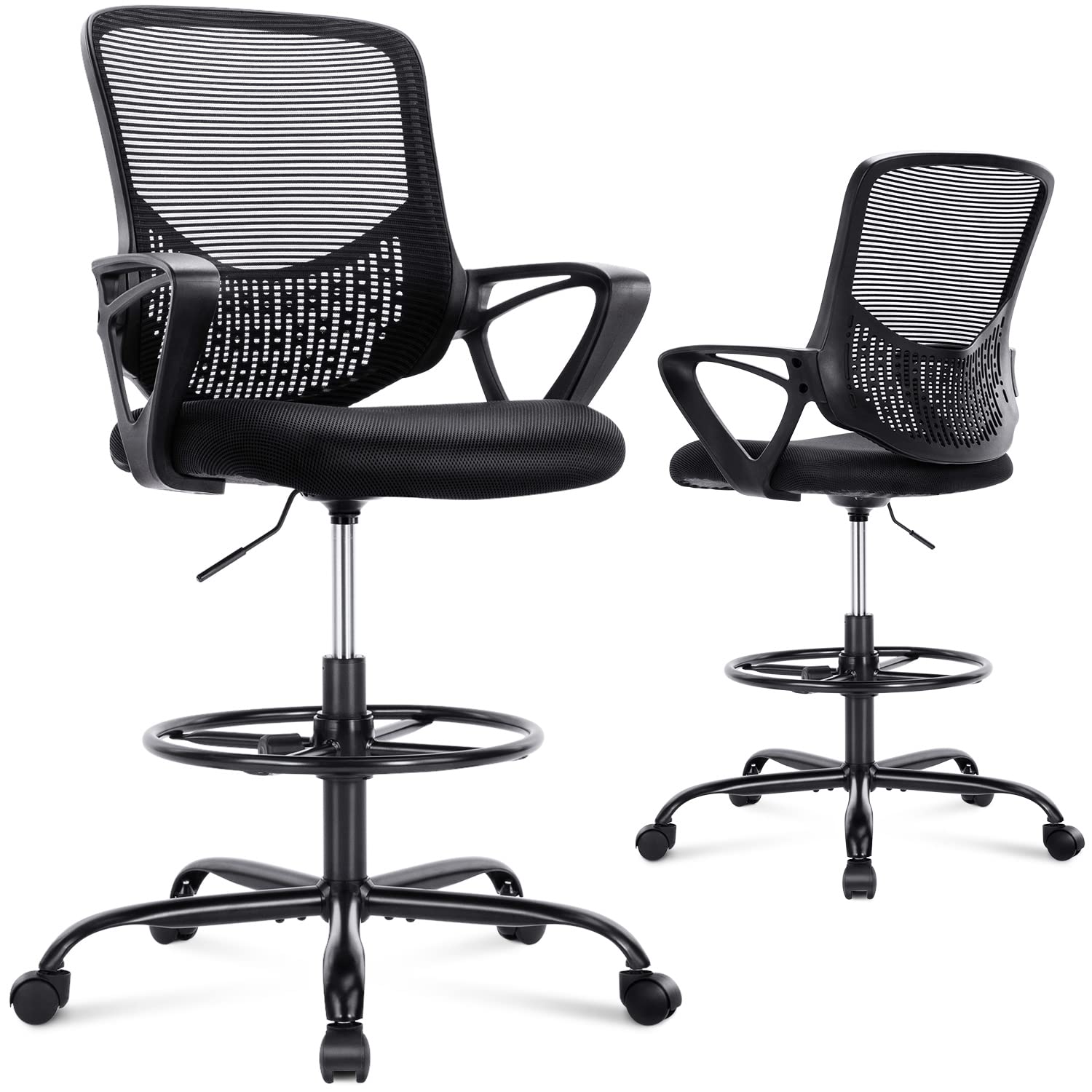 Tall Office Chair, Drafting Chair, Standing Desk Chair, High Adjustable Office Mesh Chair, Ergonomic Counter Height Computer Rolling Chair with Armrests and Foot-Ring for Bar Height Desk