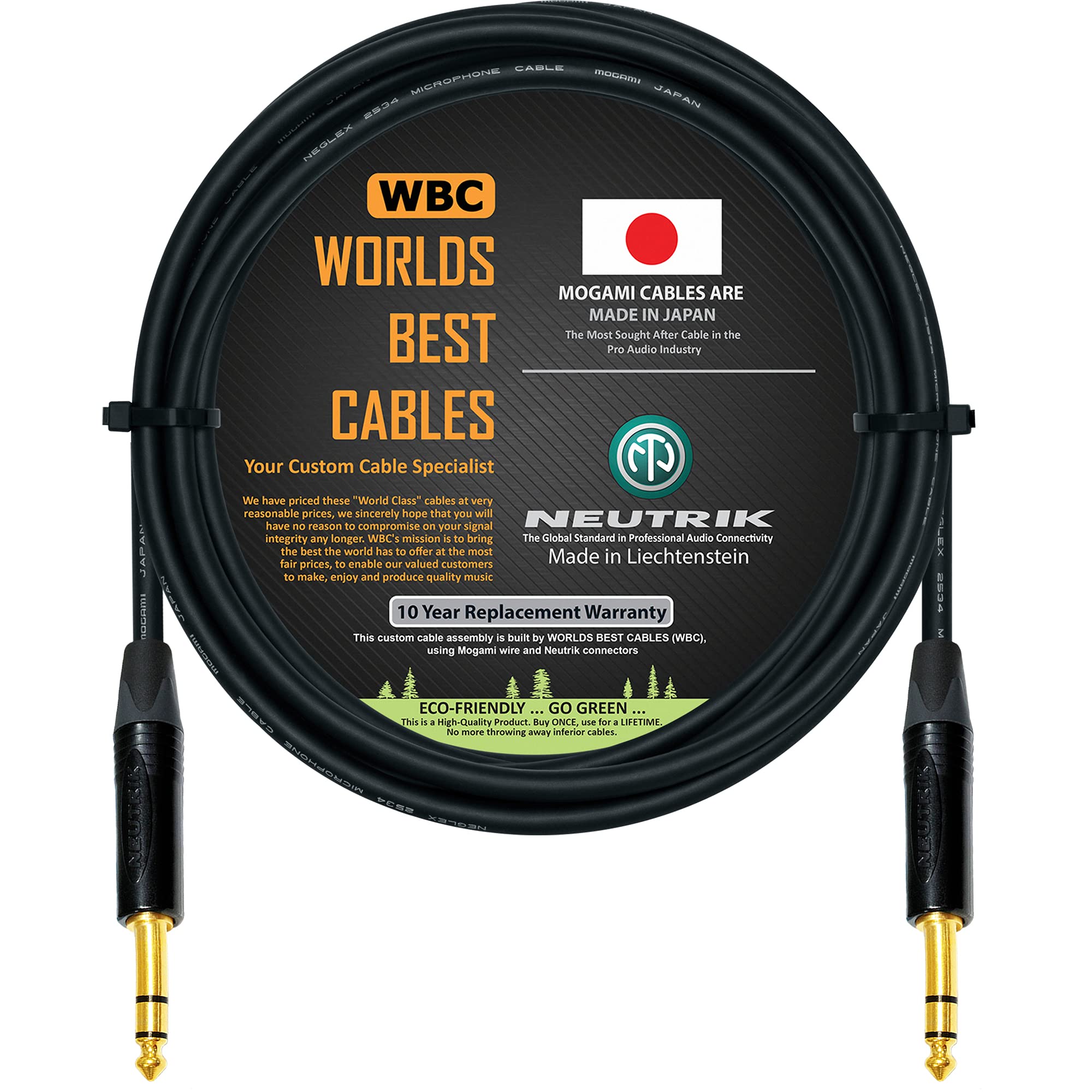 WORLDS BEST CABLES 10 Foot - Quad Balanced Patch Cable CUSTOM MADE using Mogami 2534 wire and Neutrik NP3X-B ¼ Inch (6.35mm) TRS Stereo Phone Plugs