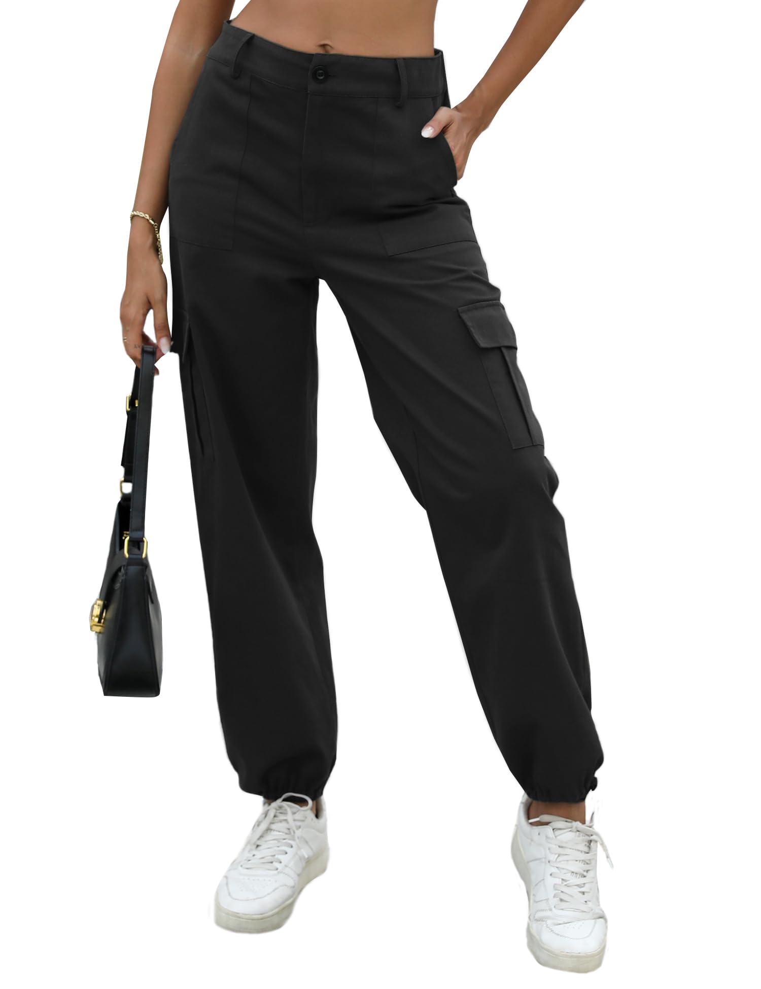 Yoetaun Black Cargo Pants for Women High Waisted Baggy Pants Adjustable Combat Military Trouser Black M