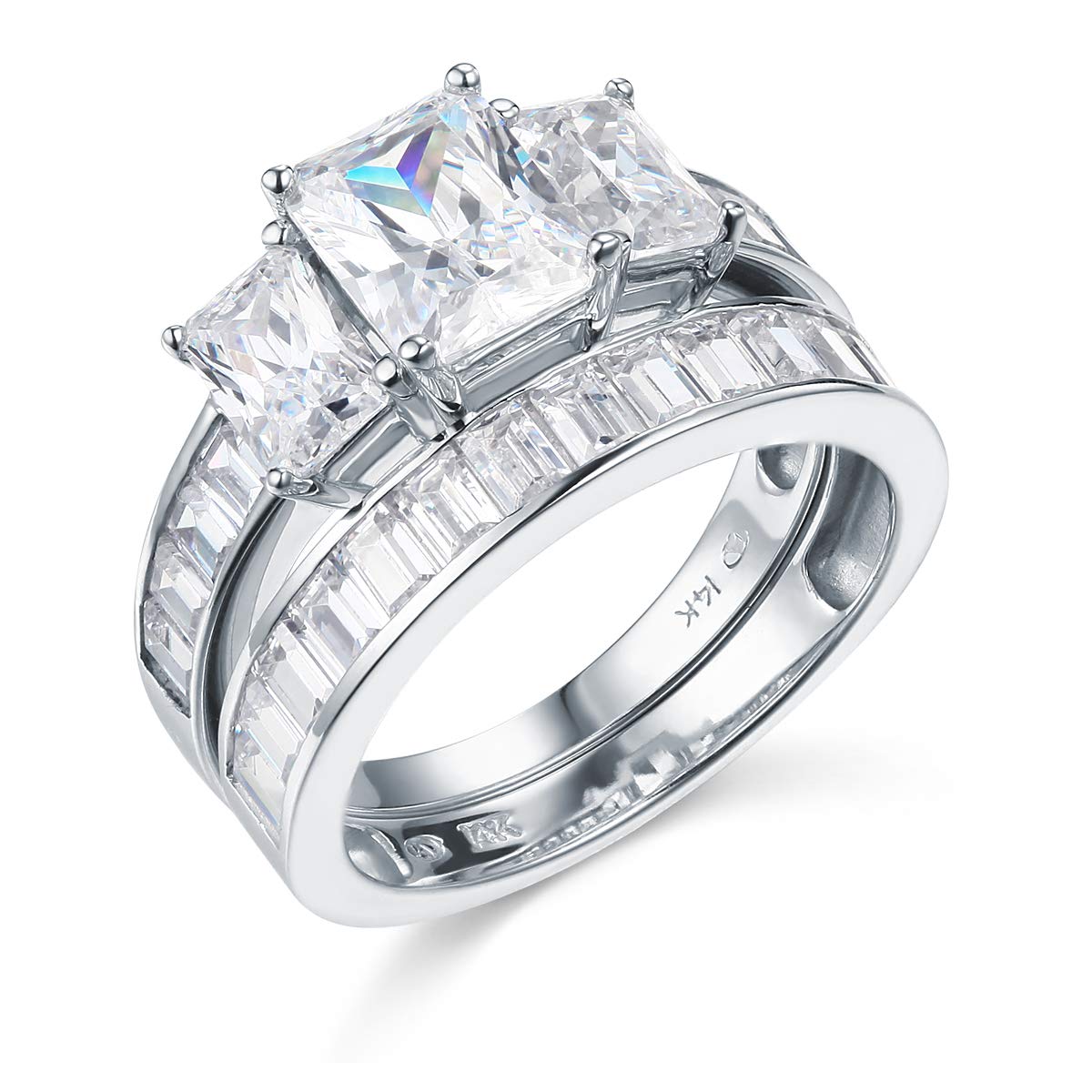 Wellingsale Ladies Solid 14k White Gold Polished CZ Cubic Zirconia Radiant Cut Three 3 Stone Engagement Ring with Side Stones and Wedding Band Bridal Set - Size 8.5