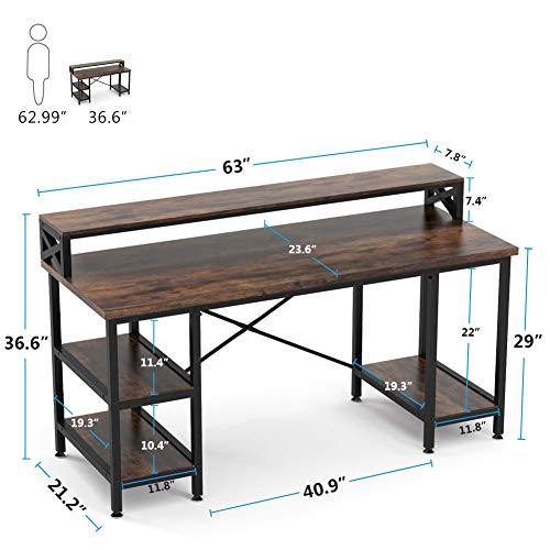 Tribesigns 63 inch Computer Desk with Storage Shelves, Extra Large Industrial Office Desk Computer Table Studying Writing Desk Workstation with Hutch for Home Office (Rustic Brown)