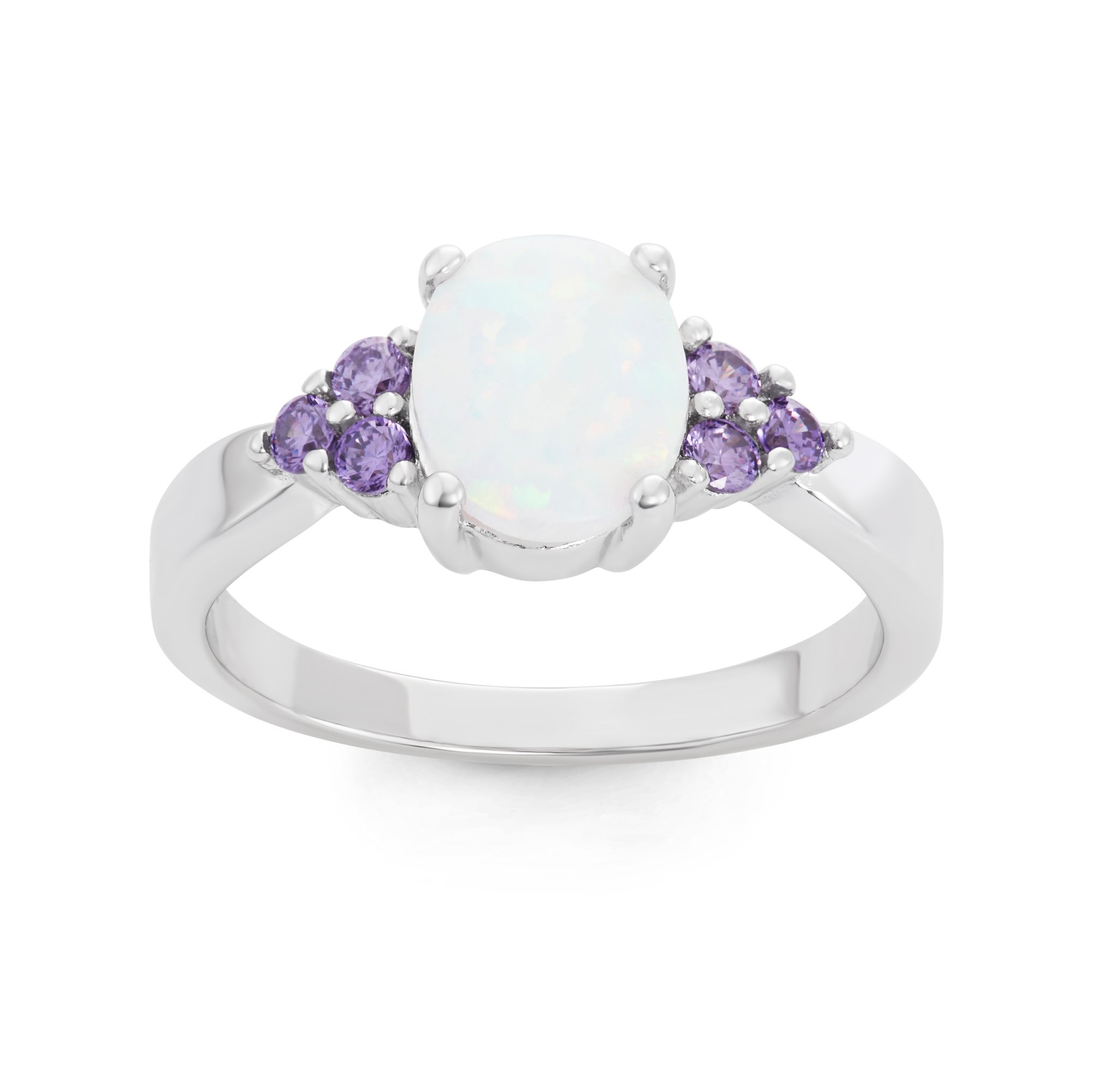 Sterling Silver Oval Created White Opal & Amethyst CZ Ring (Size 8)