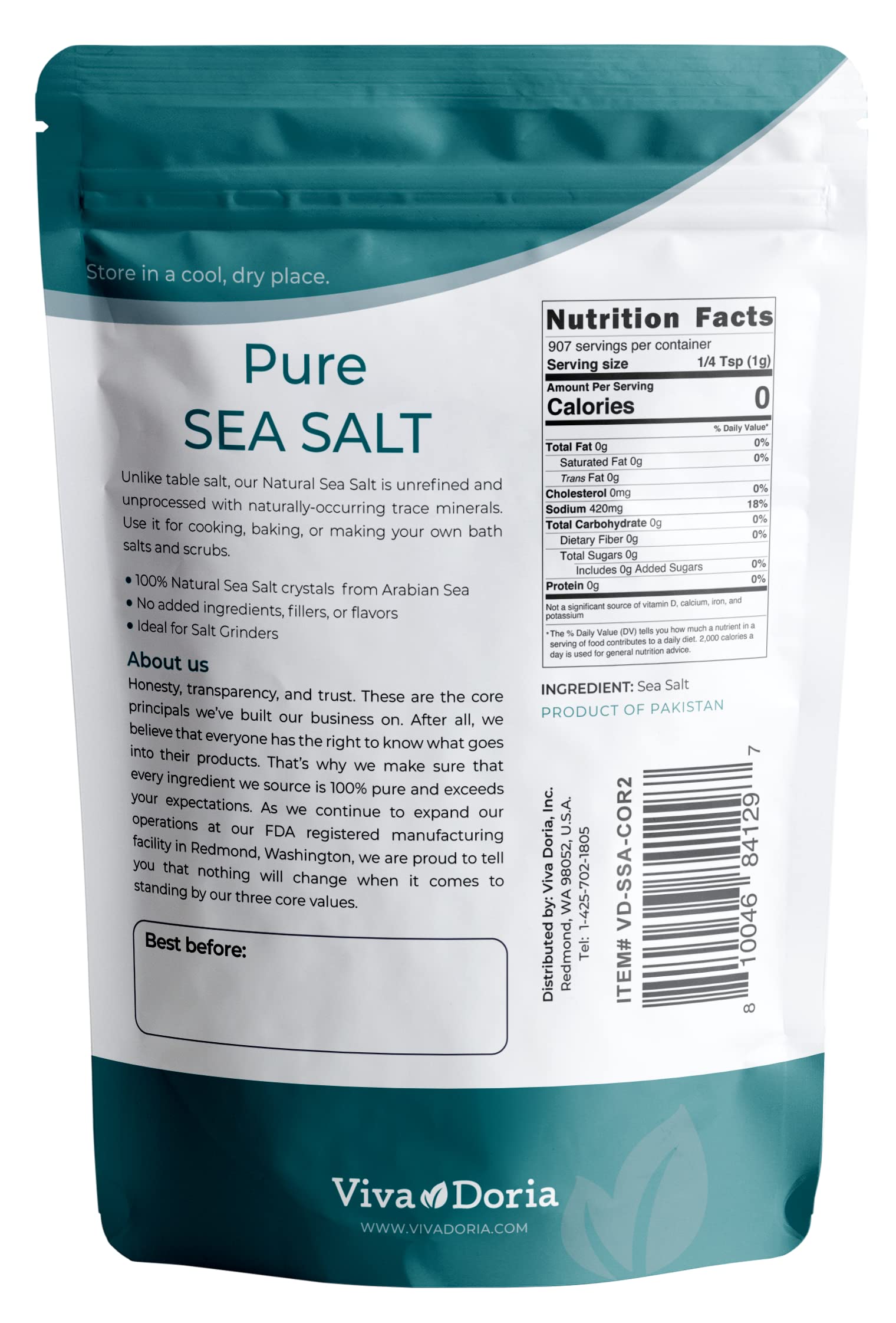 Viva Doria Pure Sea Salt, Coarse Grain, 2 lb | Ideal For Salt Grinders