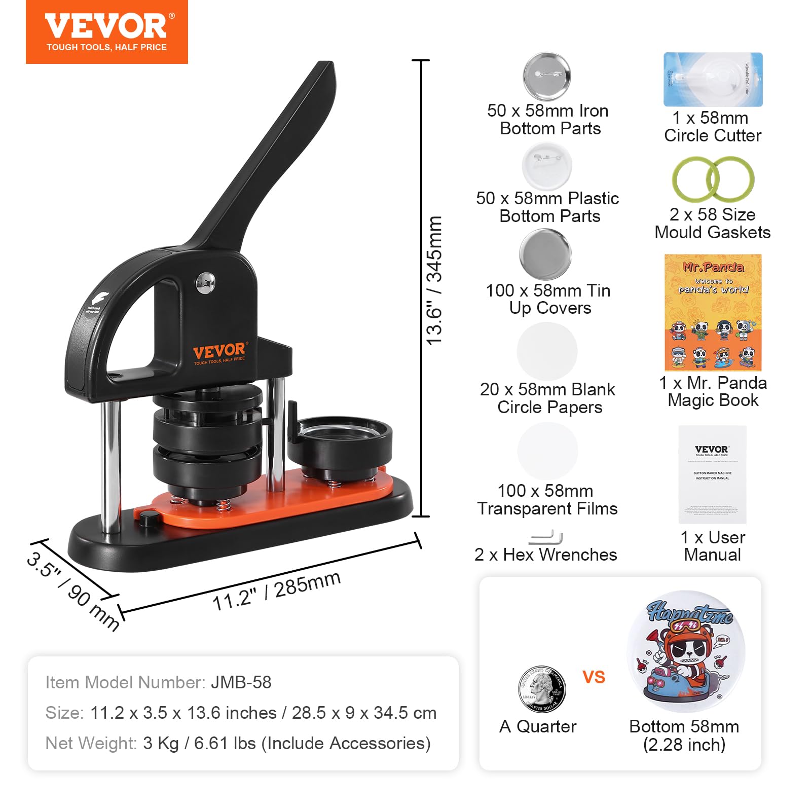VEVOR Button Maker, 2.28 inch/58mm Pin Maker with 100pcs Button Parts, Ergonomic Arc Handle Punch Press Kit, Button Maker Machine with Panda Magic Book, for Children DIY Gifts and Christmas