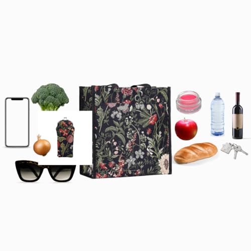 Signare Black Floral Shoulder Tote Shopping Bag with Sunflower Poppy Dragonfly Butterfly (SHOP-MGDBK)