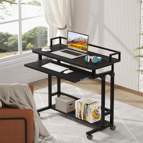 Tribesigns Rolling Computer Desk, Adjustable Height Couch Sofa Table with Pull Out Keyboard Tray for Laptop, Mobile Portable Standing Desk Bed Computer Cart for Small Space (Black)