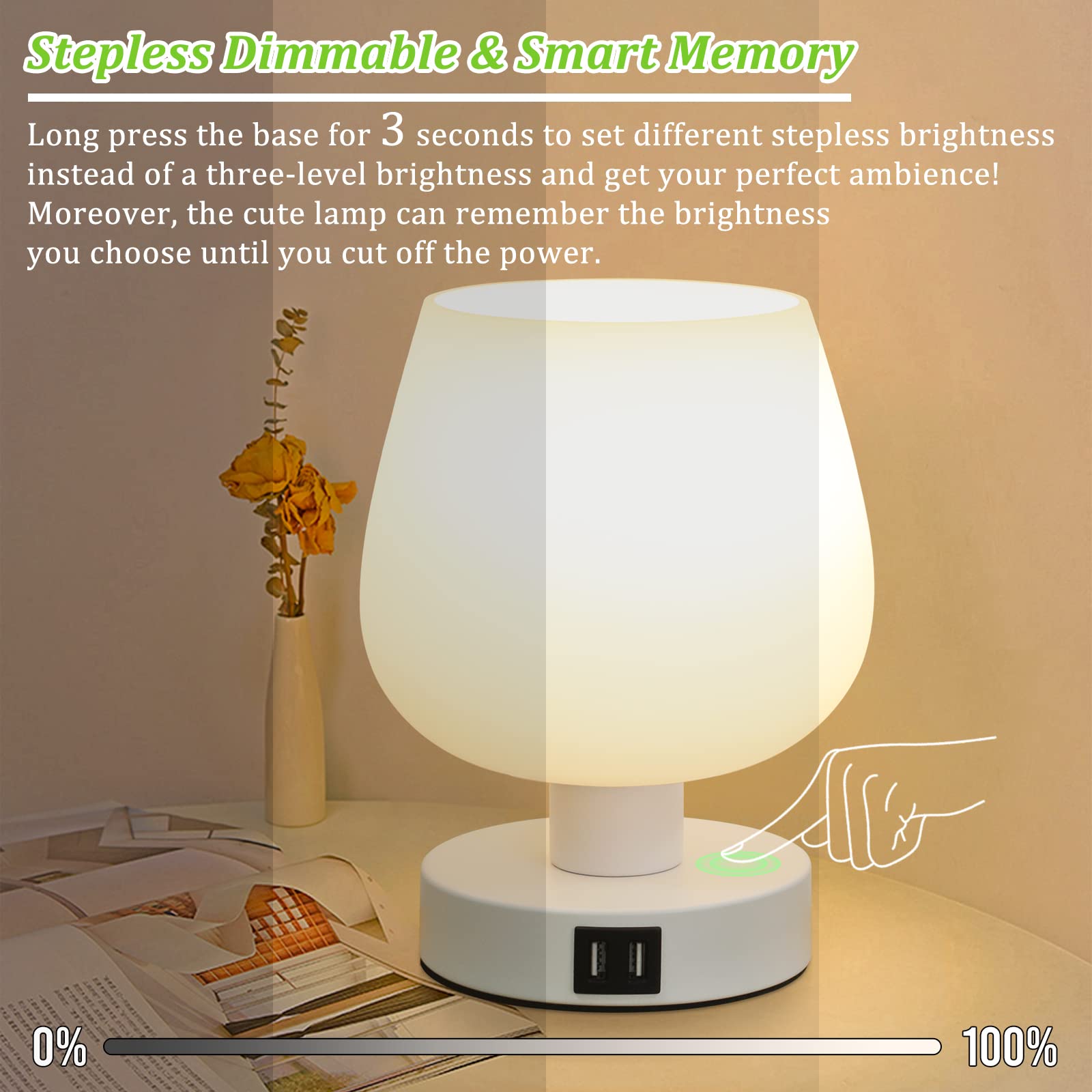Touch Control Bedside Table Lamp with 2 USB Ports, Dimmable Small Nightstand Lamp for Bedroom, Modern Desk lamp with White Glass Lampshade, with 2700K-6000K Adjustable Color Temperature Bulb