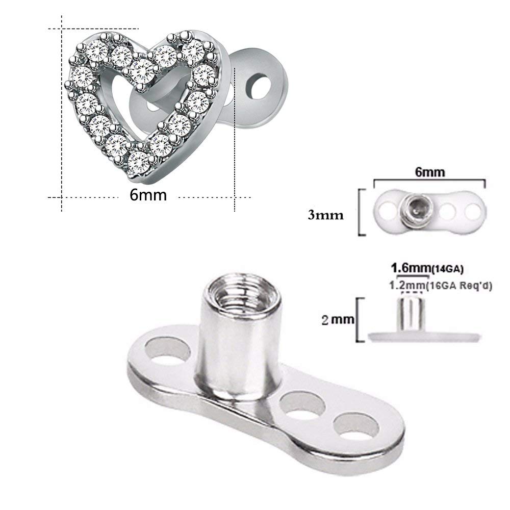 ZS 14g Cubic Zirconia Dermal Anchor Tops and Base Surgical Steel Microdermals Body Piercings (Hollow heart)