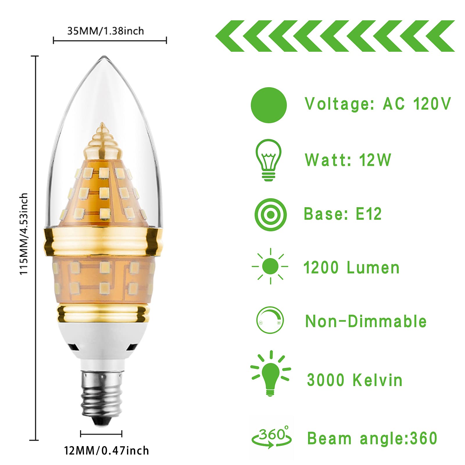 YBEK E12 LED Bulb Candelabra Bulb 12W Ceiling Fan Light Bulbs Chandelier Light 85-100W Incandescent Bulbs Equivalent 1200 Lumens Candle Bulbs, Warm White,Non-dimmable (3000K,4pcs)