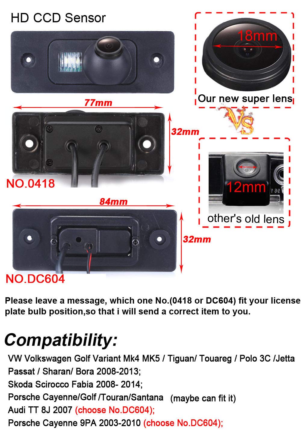 Super HD CCD Sensor Vehicle 170 Wide Angle Night Vision Rear View IP68 Reverse License Plate Backup Camera Compatible with TT 8J /Cayenne 9PA