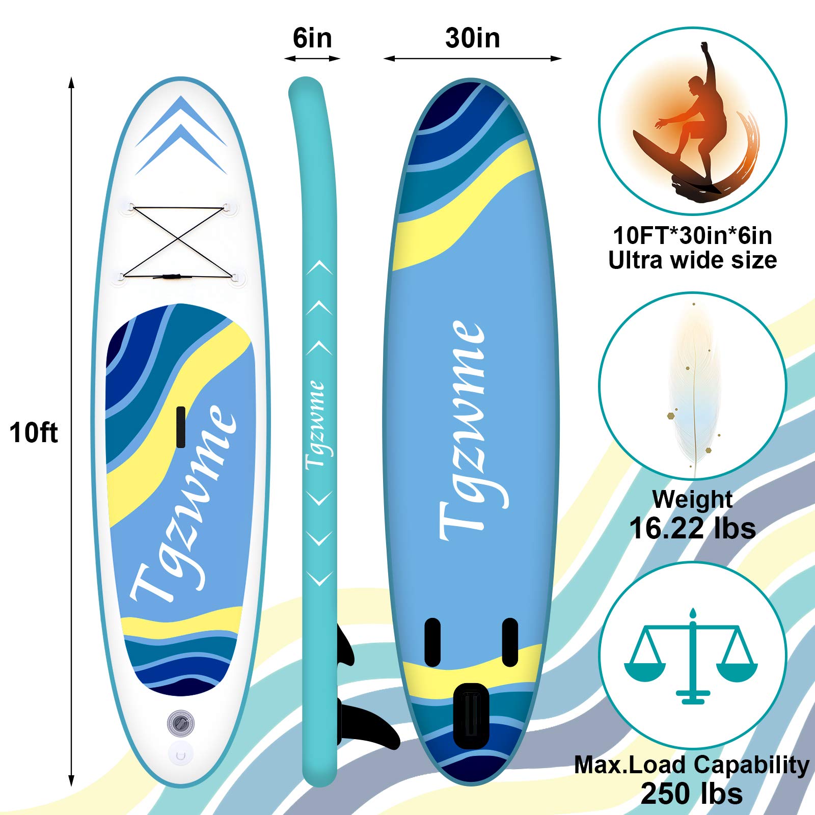 Tgzwme Paddle Board,10'×30"×6" Inflatable Stand Up Paddle Board for Adults with Adjustable Paddle,3 Fins, Leash, Hand Pump, Backpack