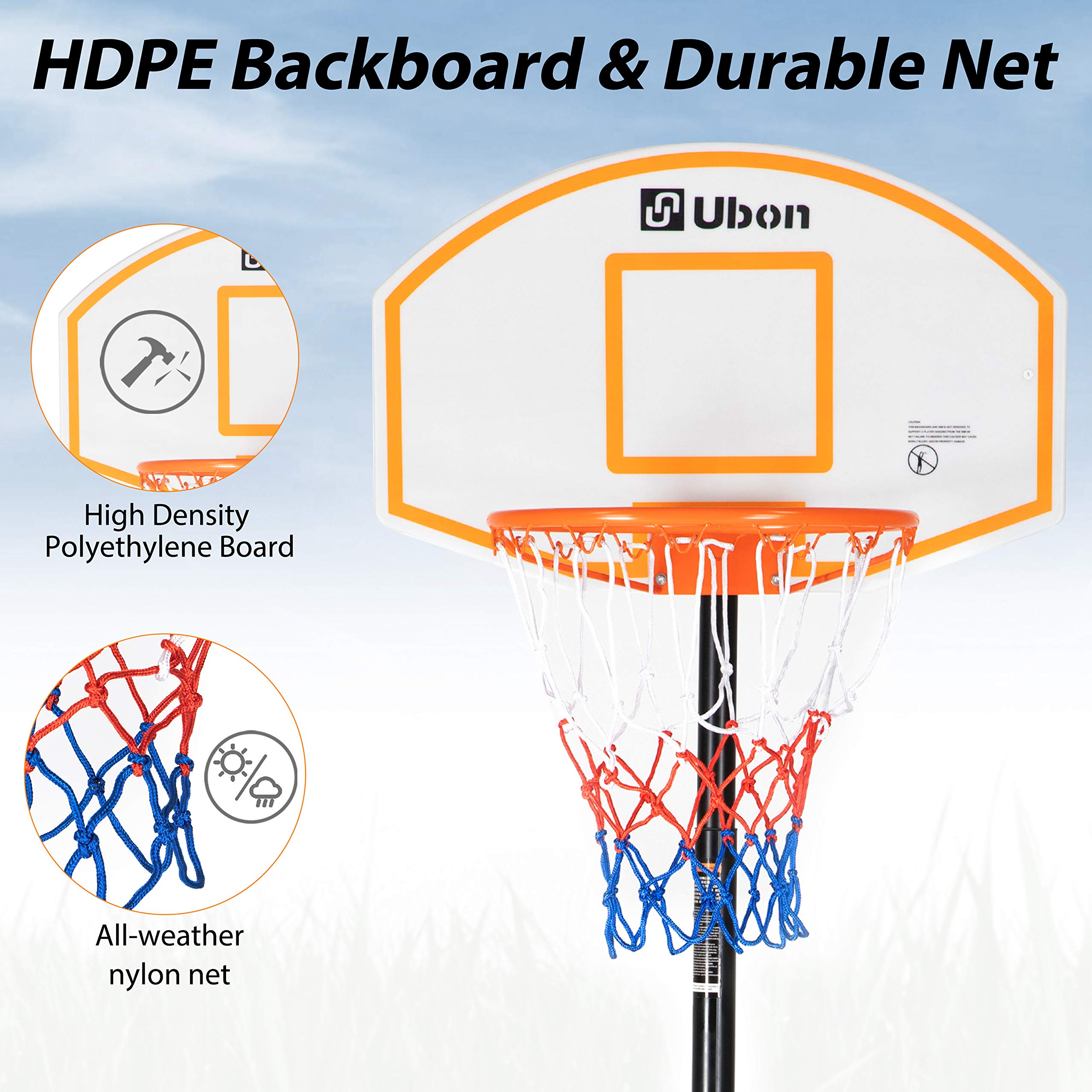 Ubon Portable Basketball Hoop&Goal Basketball Stand Height Adjustable 5.8FT-6.8FT with Wheels