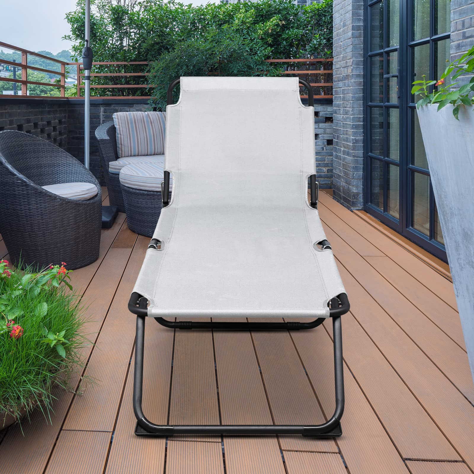 VINGLI Folding Chaise Lounge, Adjustable 4 Position Patio Chair Recliner, Sunbathing Chair for Beach Outdoor Pool Patio Deck (Grey, without Canopy)
