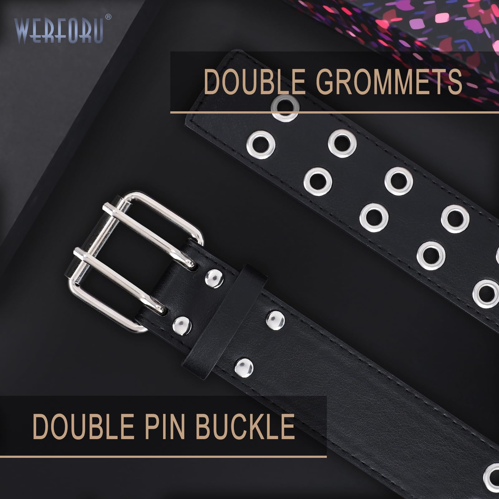 WERFORU Double Grommet Belt PU Leather Punk Belt for Women Black Studded Belts 1.5 Wide